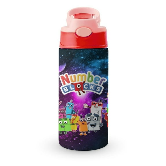 Number Cartoon Show Block Water Bottle with Straw Lid Vacuum Insulated ...