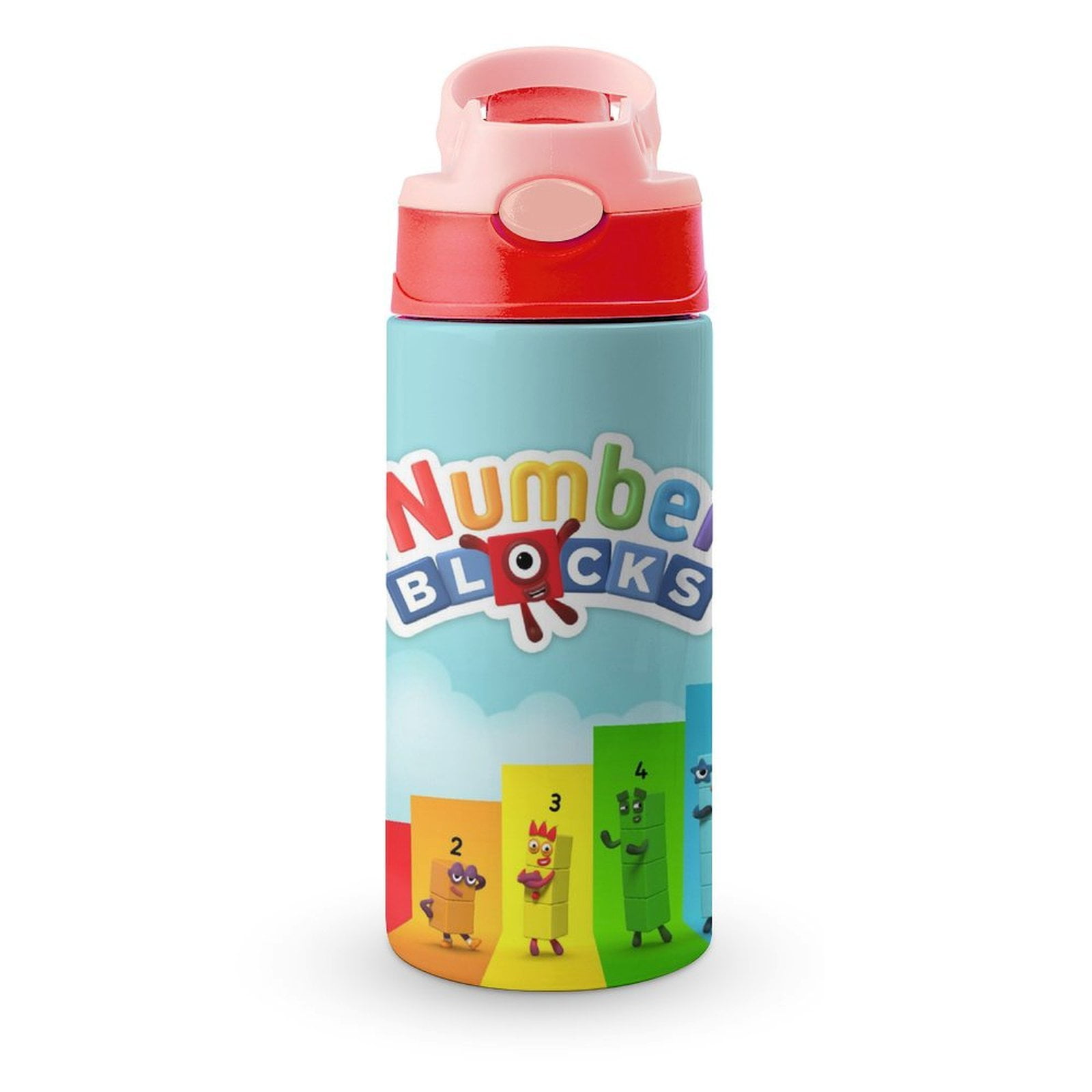 Number Cartoon Show Block Water Bottle with Straw Lid Vacuum Insulated ...