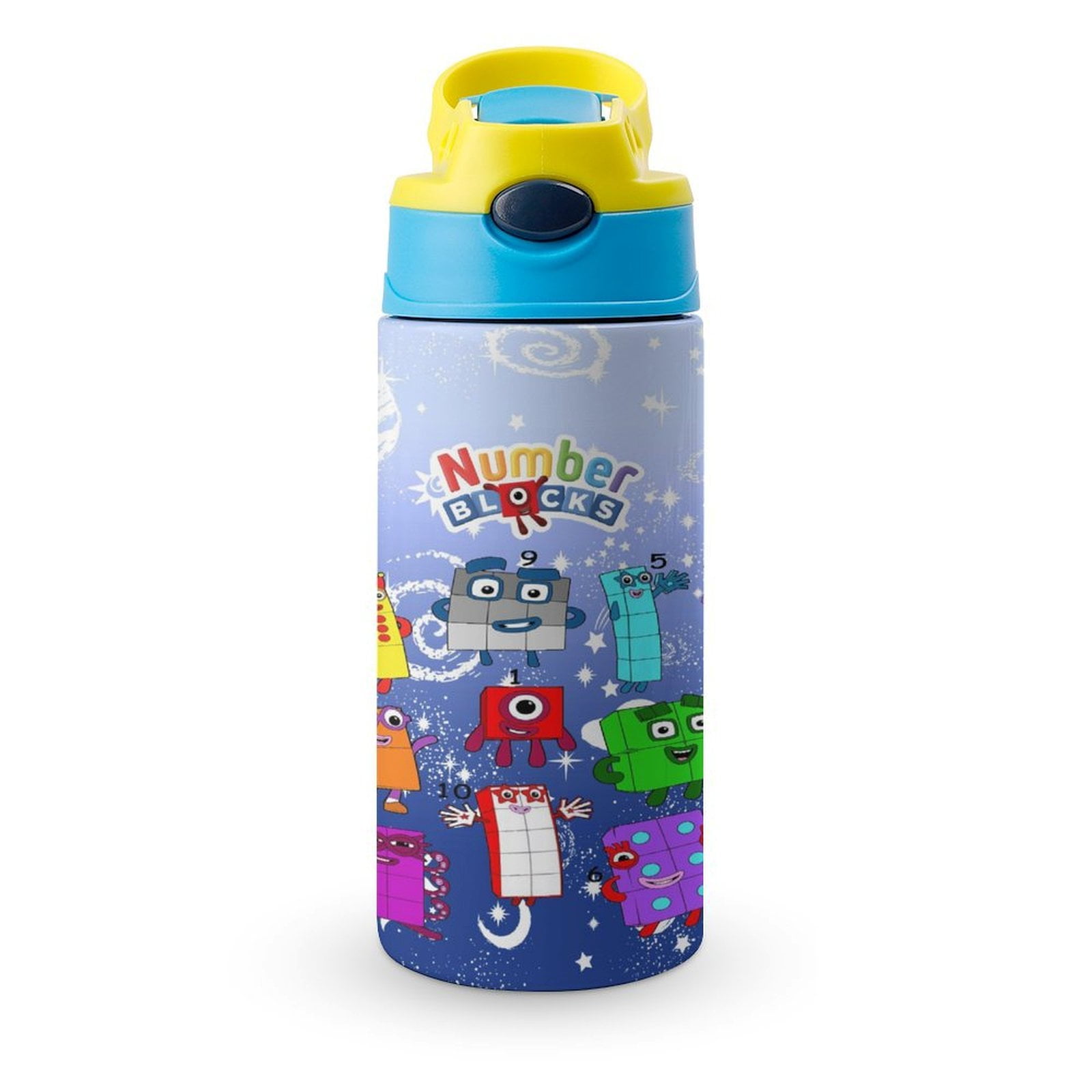 Number Cartoon Show Block Water Bottle with Straw Lid Vacuum Insulated ...