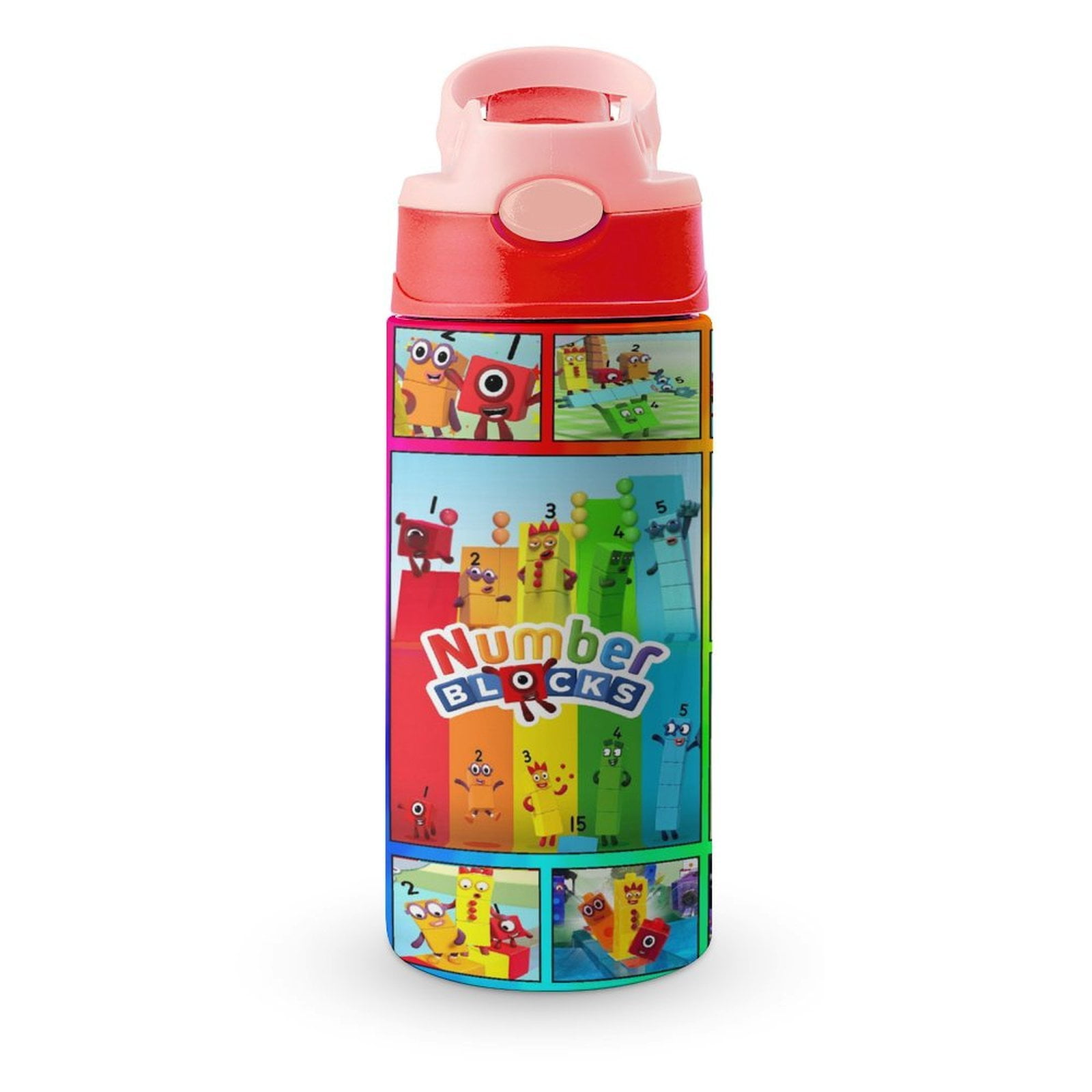 Number Cartoon Show Block Water Bottle with Straw Lid Vacuum Insulated ...