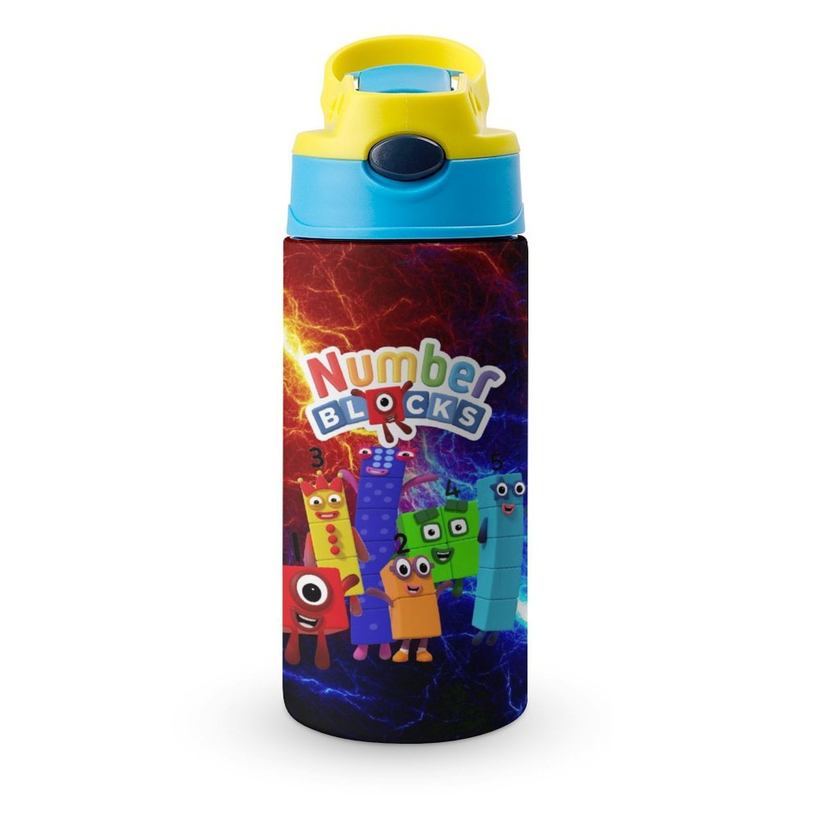 Number Cartoon Show Block Water Bottle with Straw Lid Vacuum Insulated ...