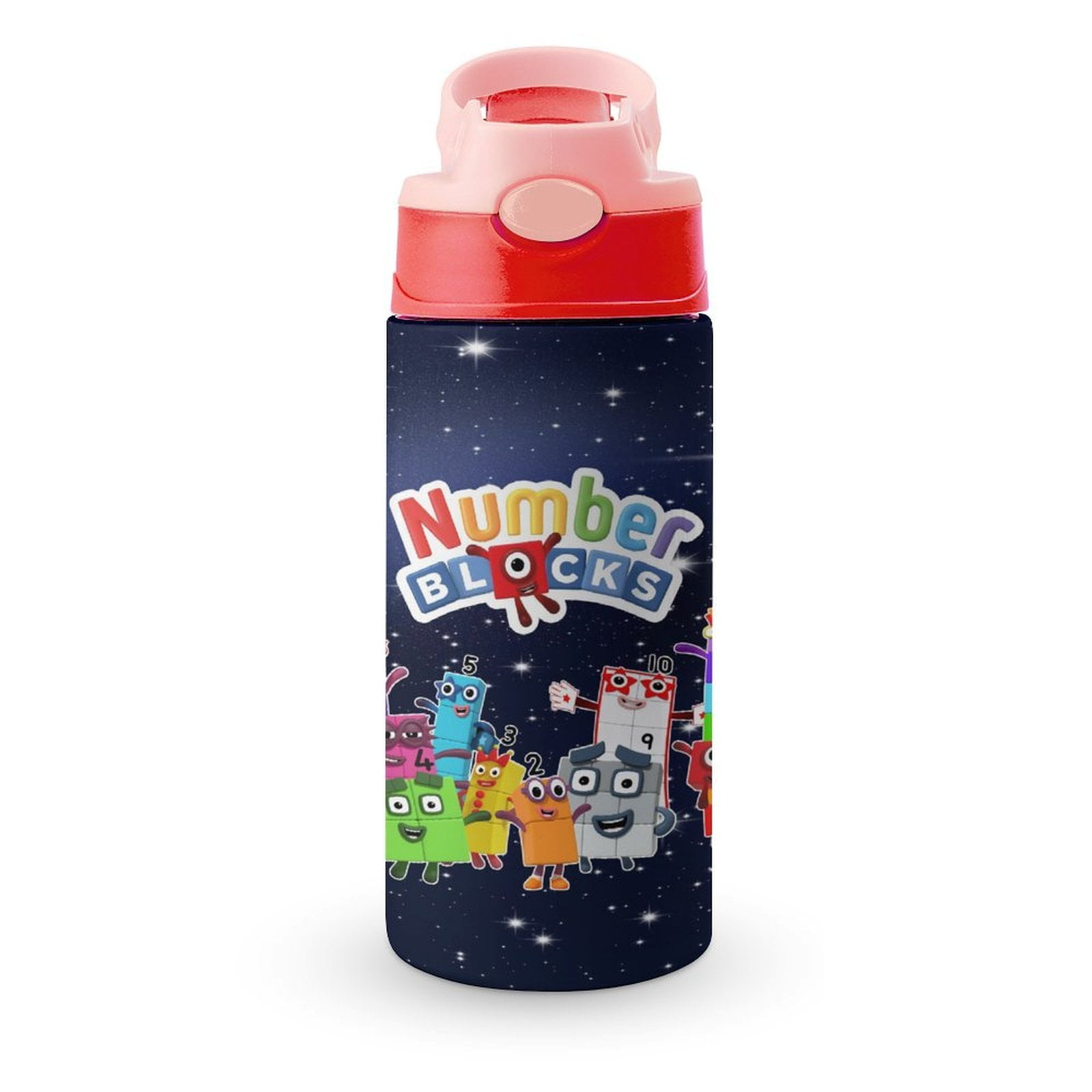 Number Cartoon Show Block Water Bottle with Straw Lid Vacuum Insulated ...