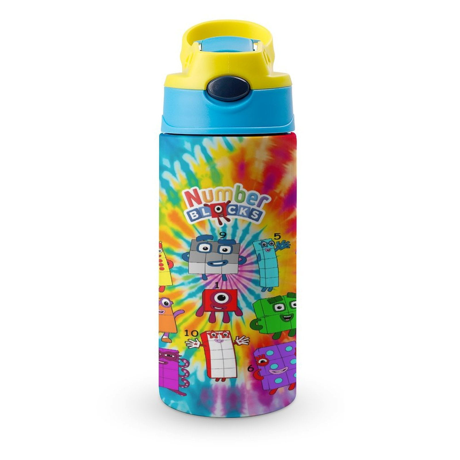 Number Cartoon Show Block Water Bottle with Straw Lid Vacuum Insulated ...