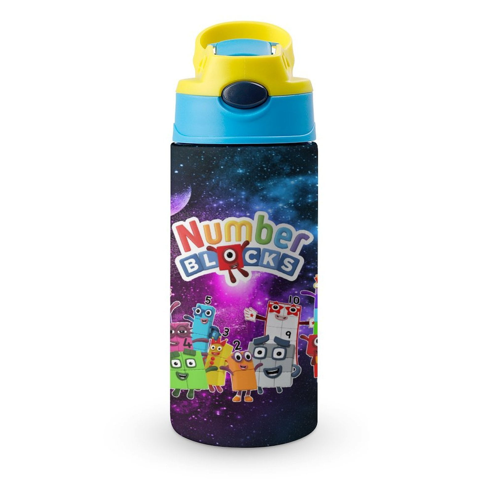 Number Cartoon Show Block Water Bottle with Straw Lid Vacuum Insulated ...