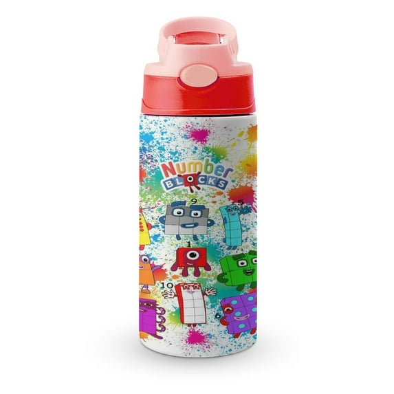 Number Cartoon Show Block Water Bottle with Straw Lid Vacuum Insulated ...