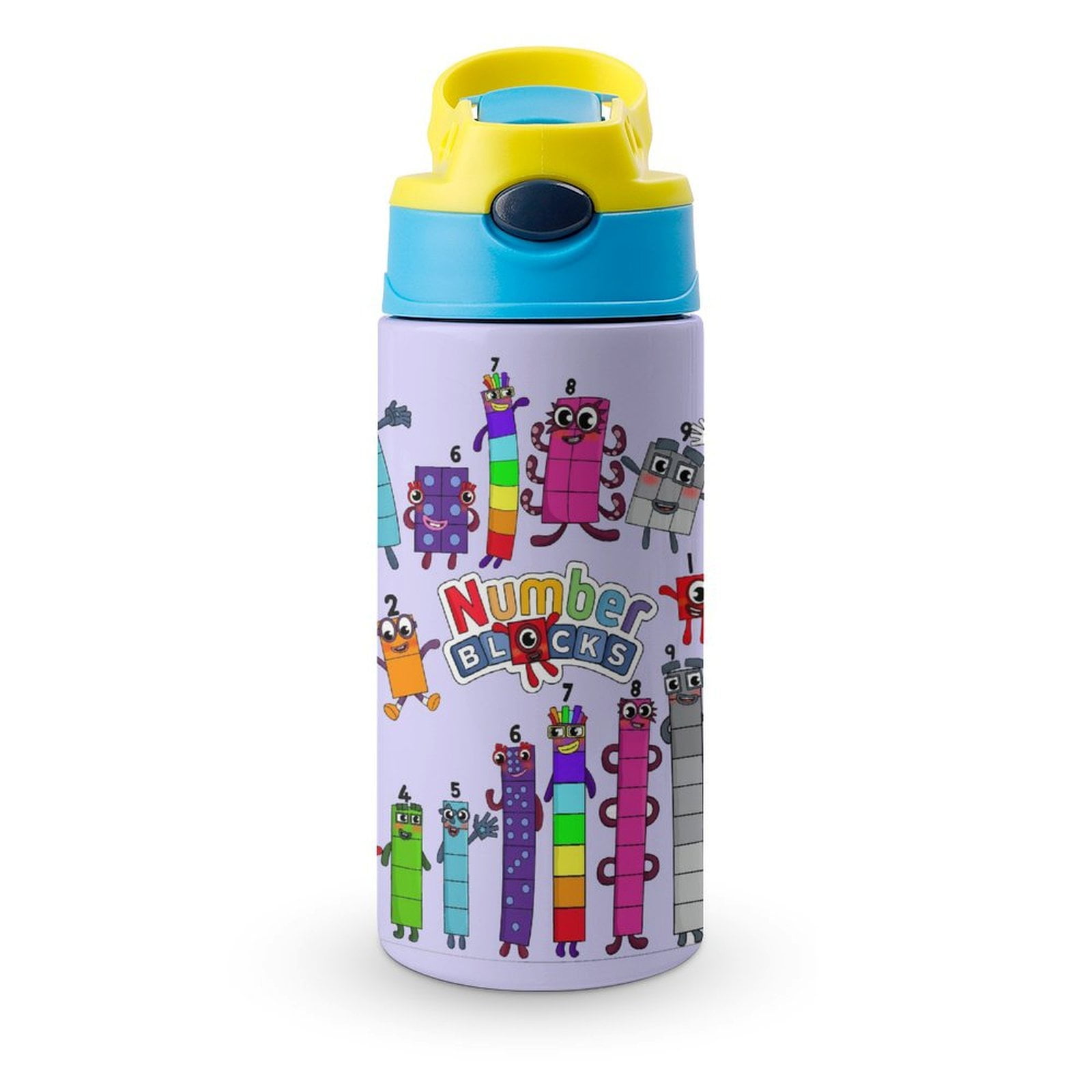 Number Cartoon Show Block Water Bottle with Straw Lid Vacuum Insulated ...