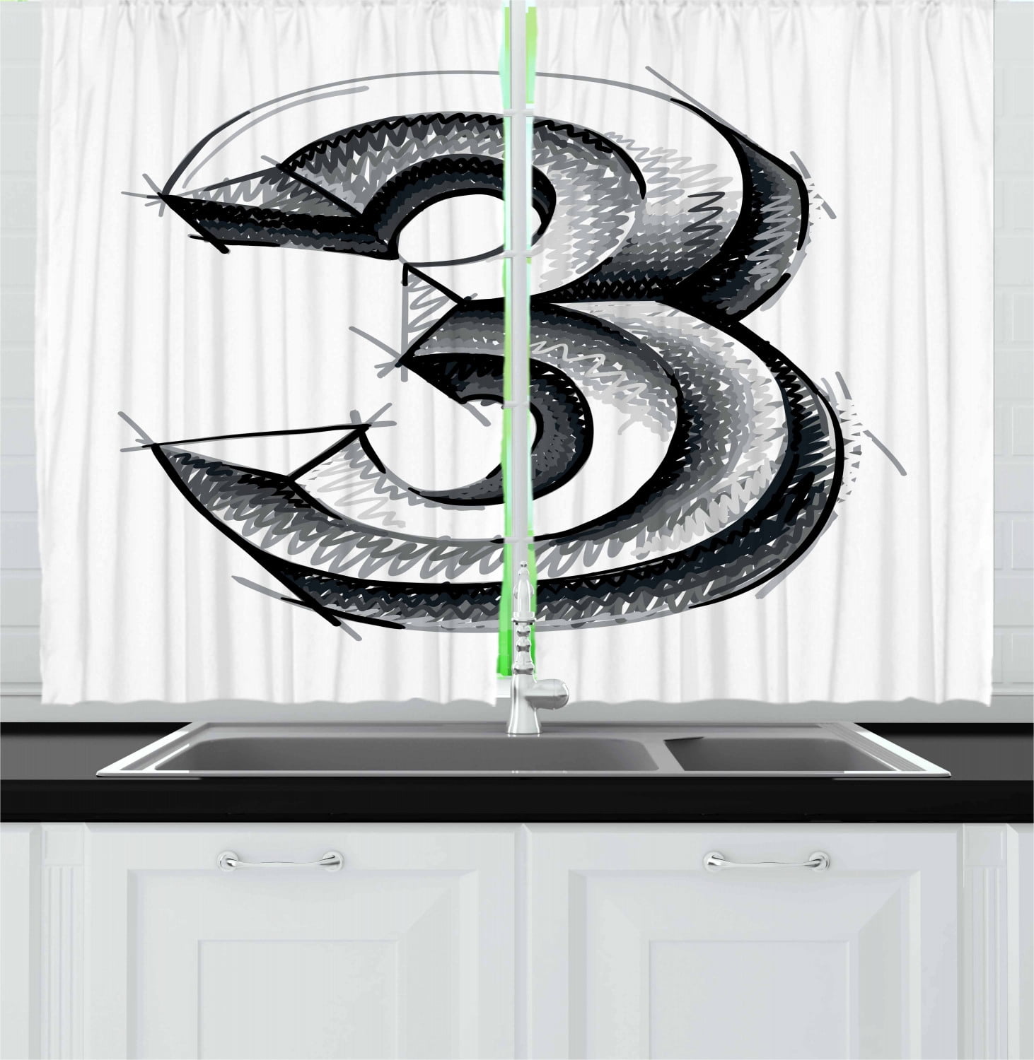 Number Curtains 2 Panels Set, Hand Drawn Style Sketchy Numeral Three ...