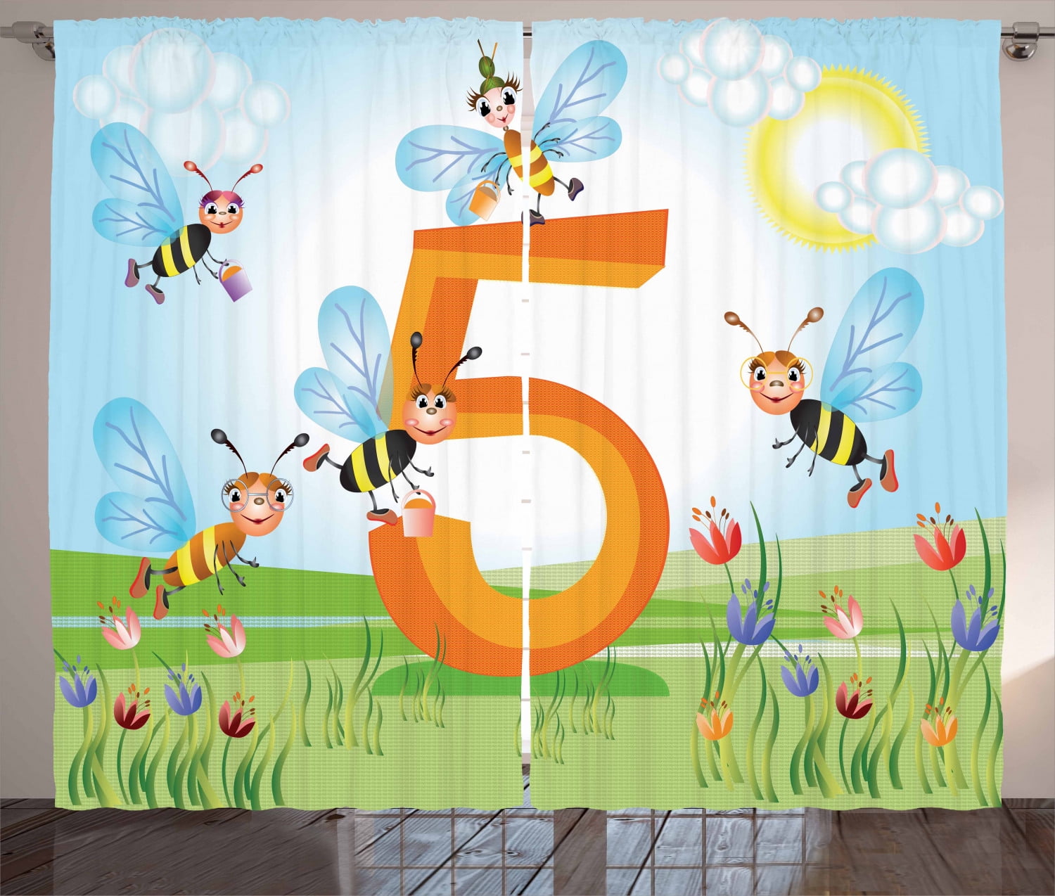 Ambesonne Number Curtains 2 Panel Set, Happy Bees Making Honey, 108" x ...