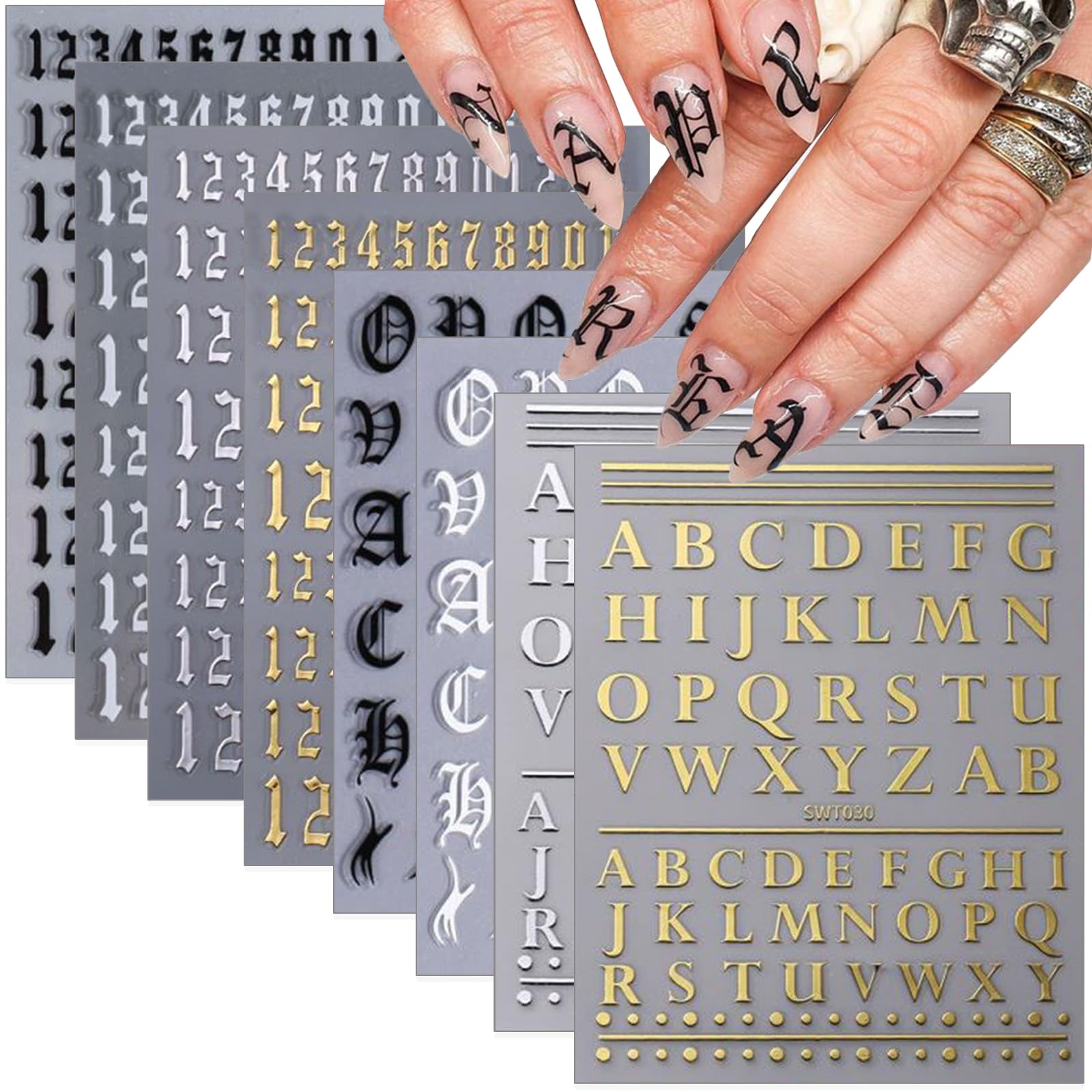 Number Nails Art Stickers Holographic Letter Nail Stickers Old English ...