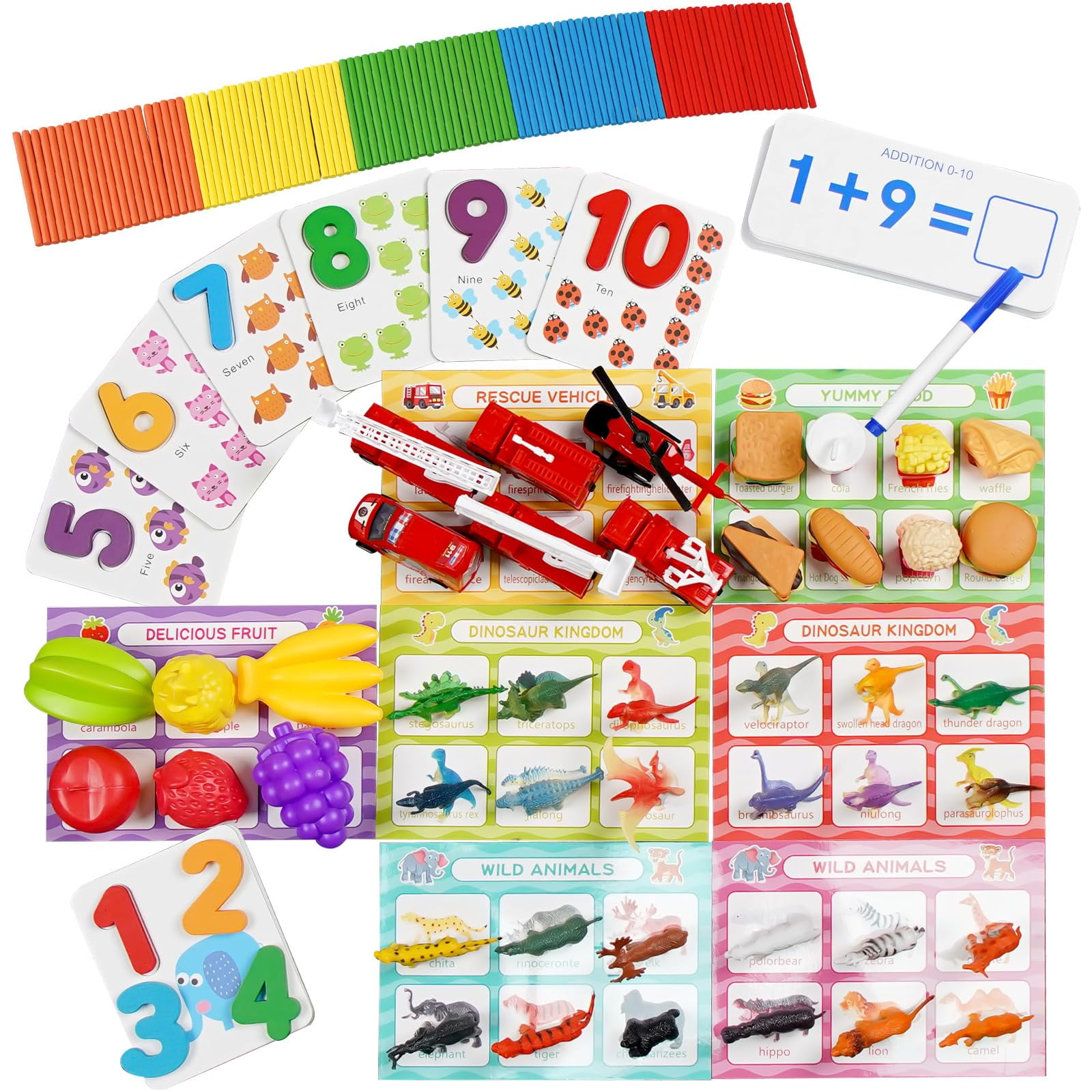 Number Sorting Toy For Toddlers, Animals Dinosaurs Fruits Rescue Vehicle Food Playset Flash ...