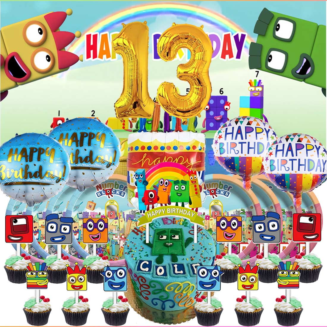 Numberblocks 13th Tableware Balloons Cake Toppers Backdrop Banner ...