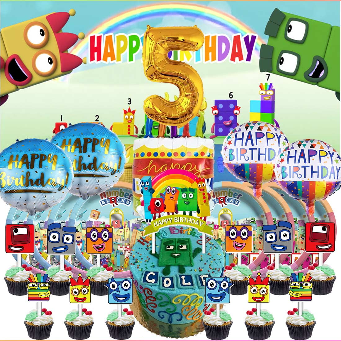 Numberblocks 5th Tableware Balloons Cake Toppers Backdrop Banner ...