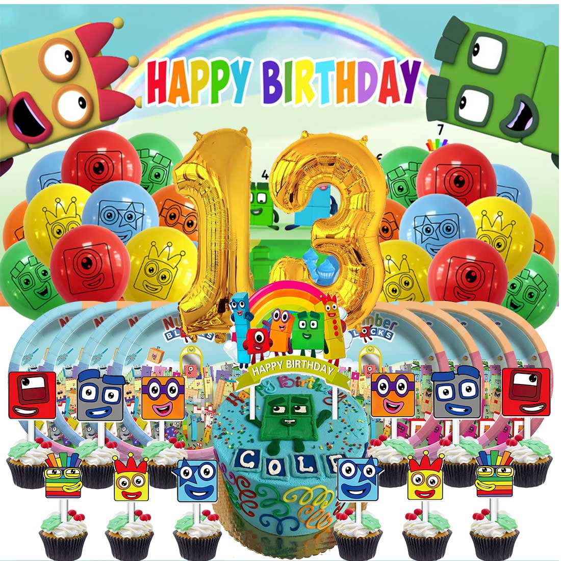 Numberblocks Balloons Party Supplies 13th Decor Tableware Birthday Cake ...