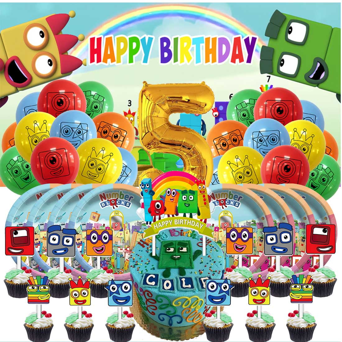 Numberblocks Balloons Party Supplies 5th Decor Tableware Birthday Cake ...