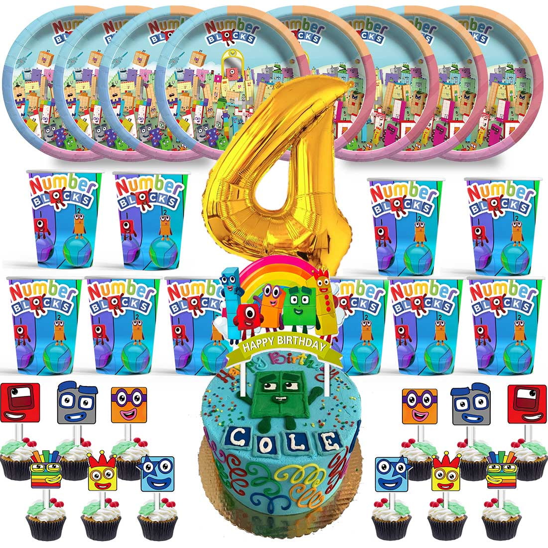 Numberblocks Birthday 4th Cups Party Supplies Plates Fans Decorations ...