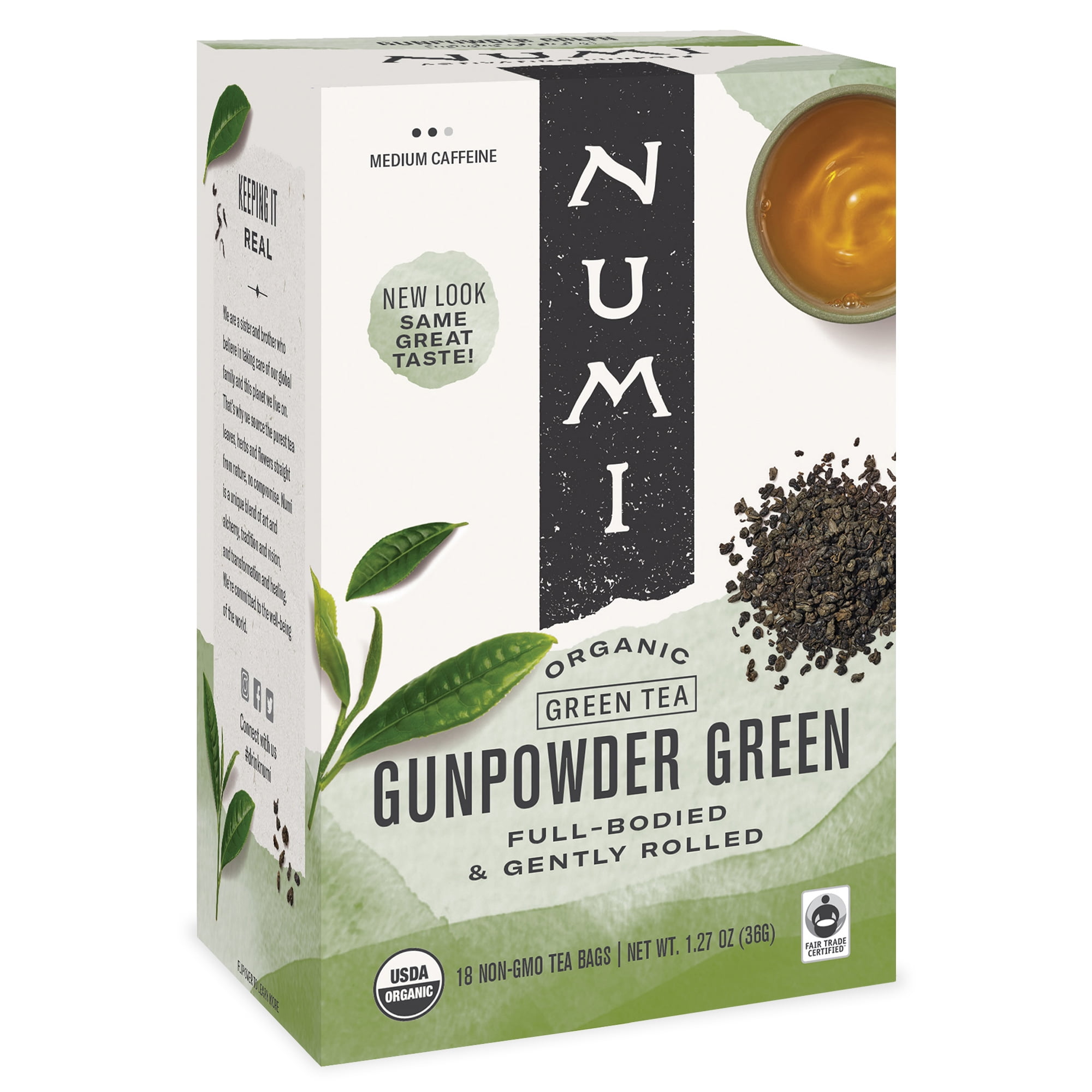 Numi Natural Organic Gunpowder Green Tea, Steamed Whole Leaf, 18 Tea ...