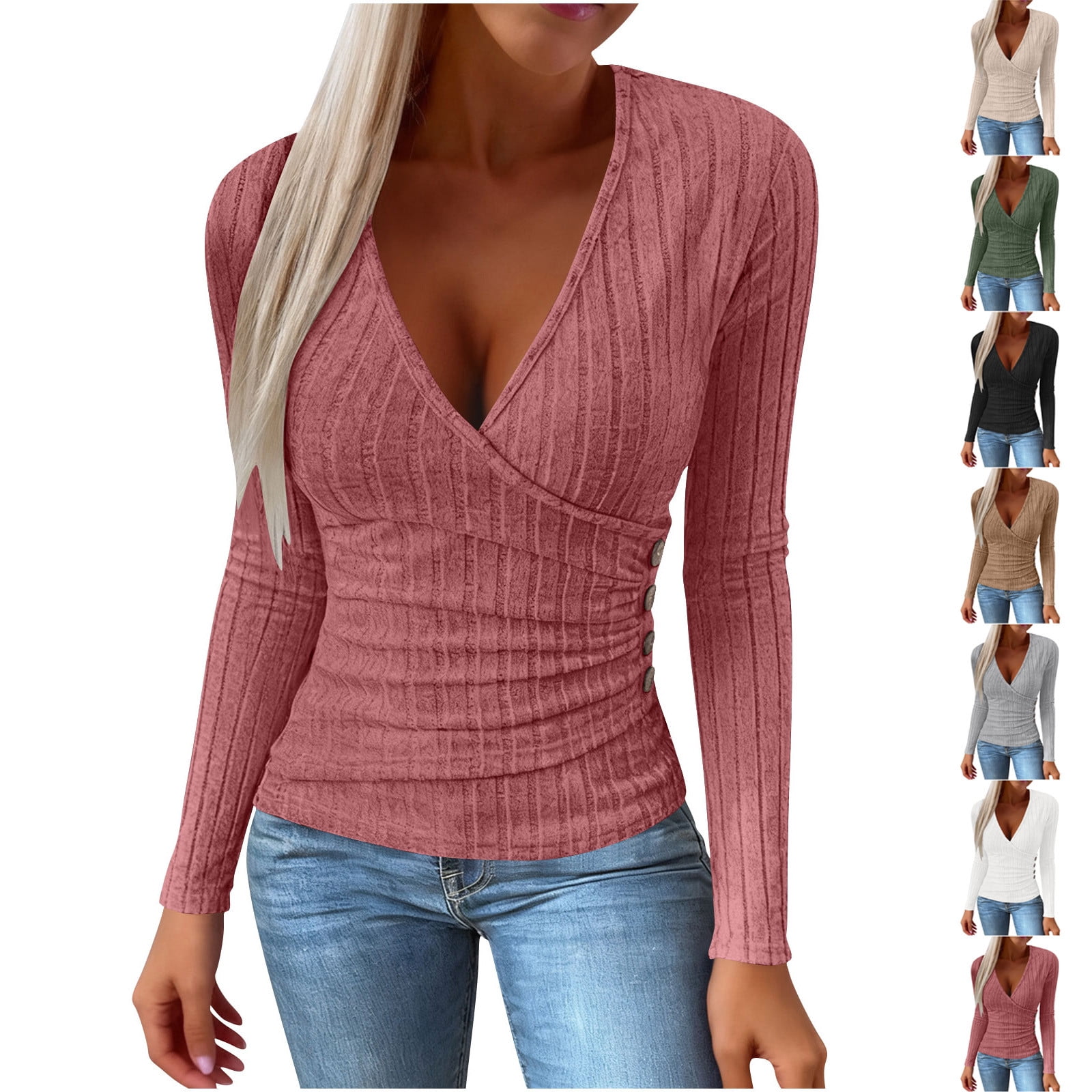 NuoCaiYun Fall Winter Trendy Blouses, Women'S Long Sleeve Solid Color V ...