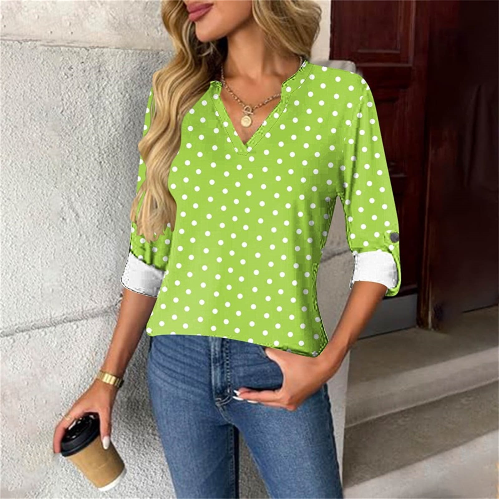 NuoCaiYun Fashionable Women'S Polka Dot Print Long-Sleeve Button-Up V ...