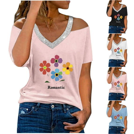 NuoCaiYun Women'S Shoulder Strap V-Neck Sequined T-Shirt Home Casual ...