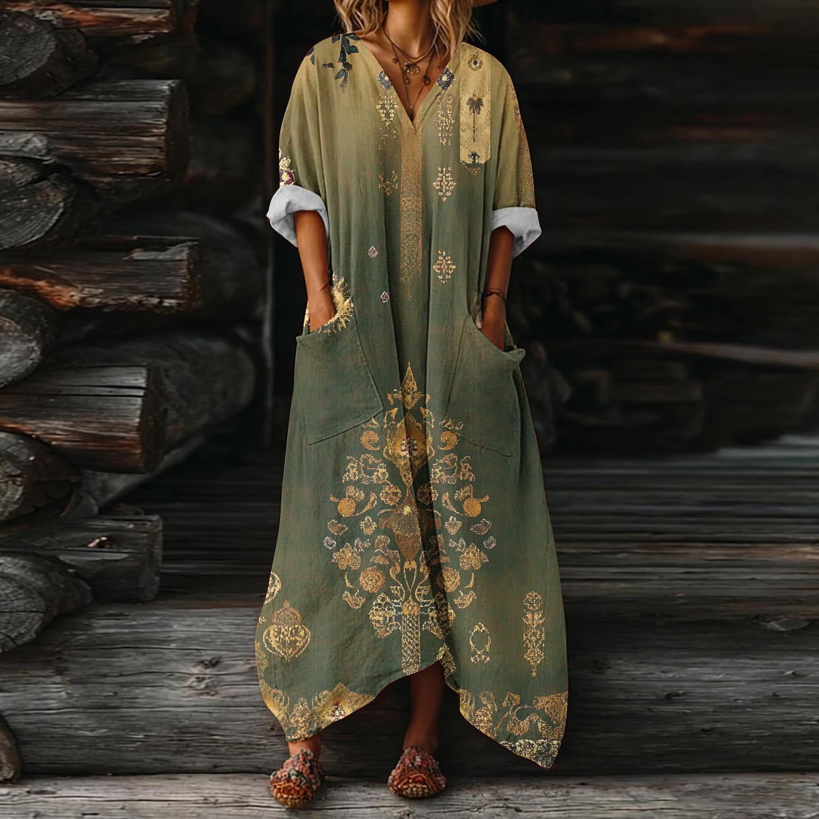 Nuoqisi Boho Maxi Dresses for Women 2026 Long Sleeve V Neck Smocked ...