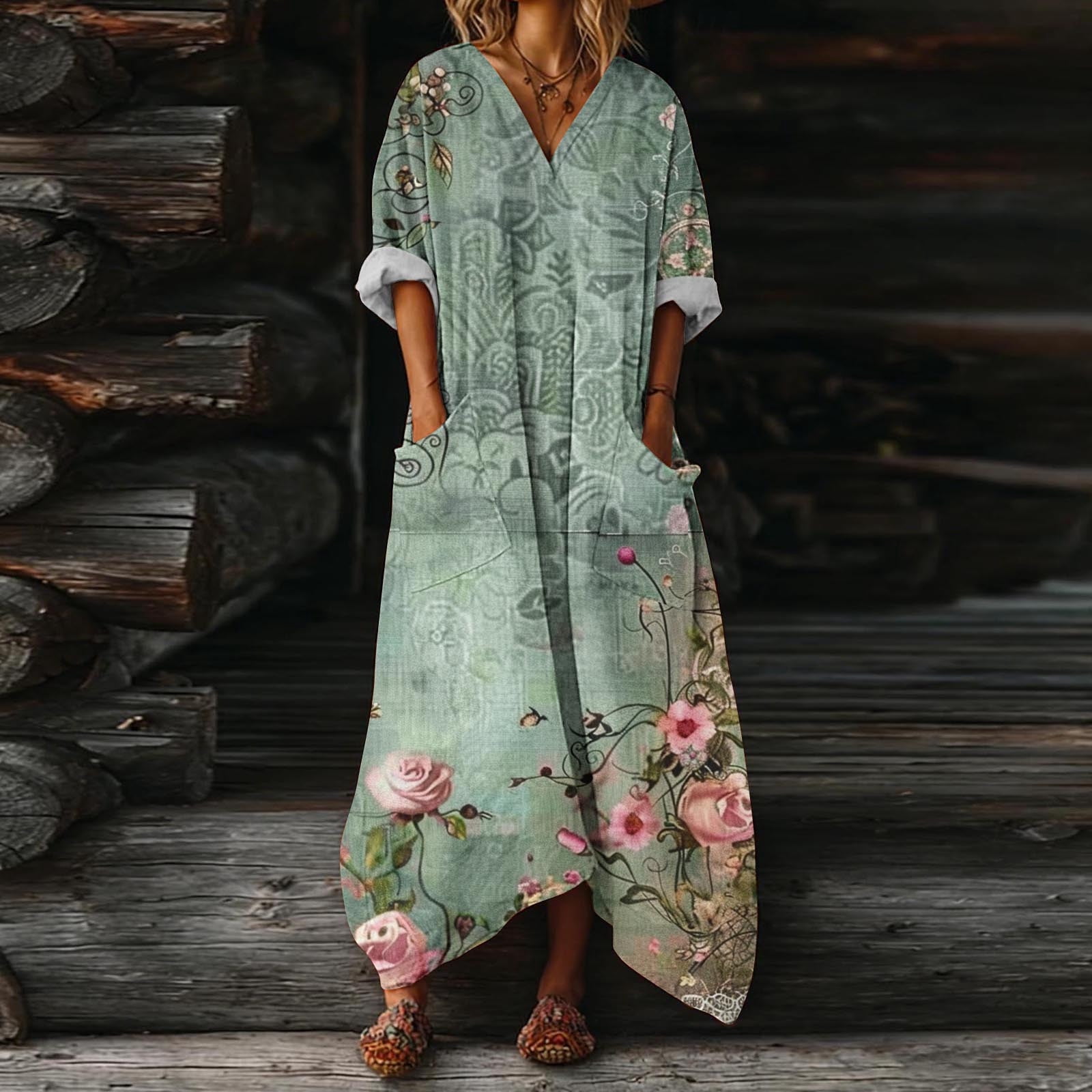Nuoqisi Boho Maxi Dresses for Women 2026 Long Sleeve V Neck Smocked ...