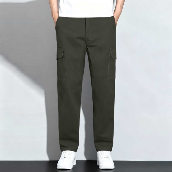 Nuoqisi Button Waist Cargo Pants for Men Solid Pockets Durable Cotton ...