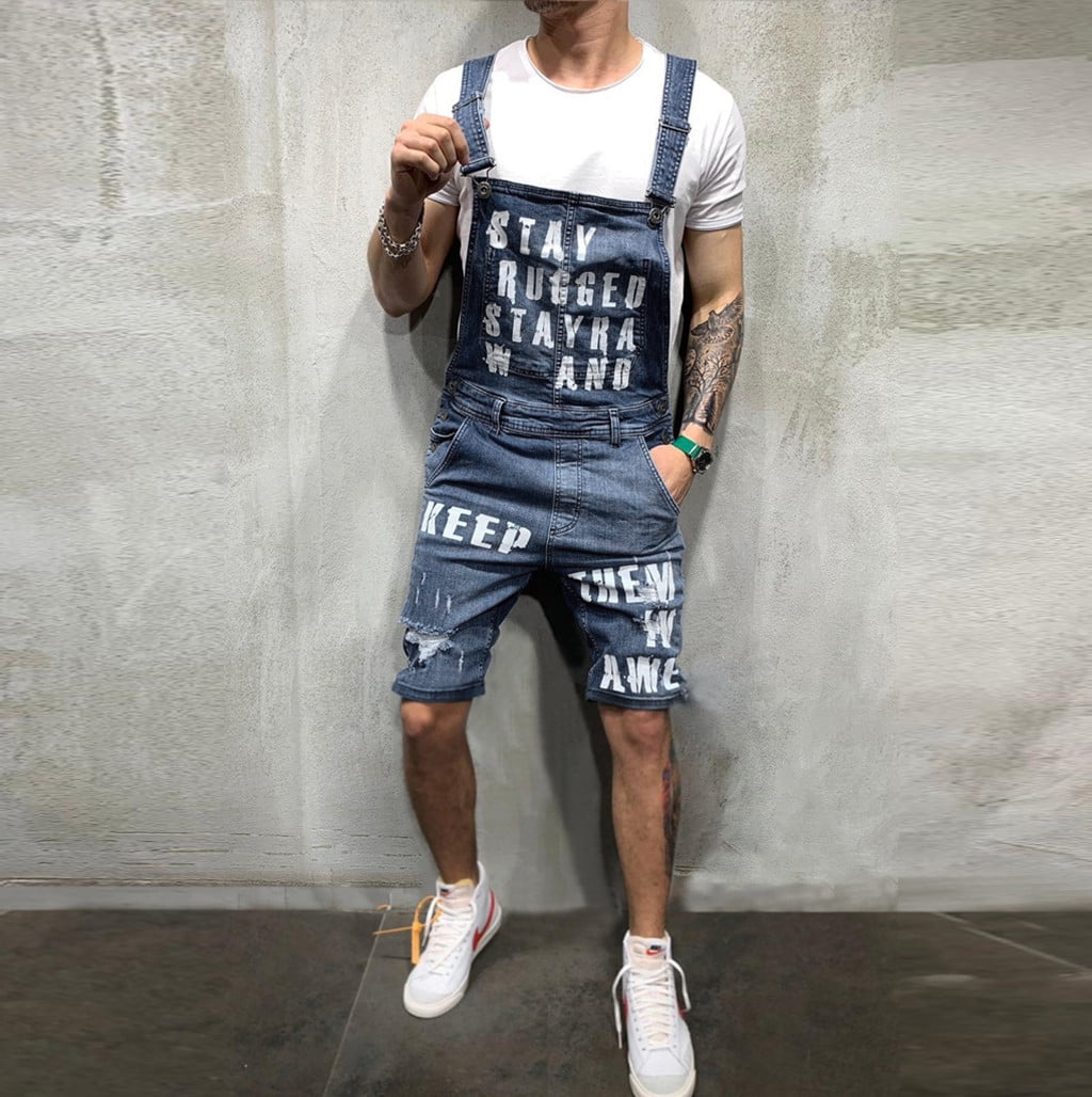 Nuoqisi Men's Denim Overalls Shorts Jean Bib Jumpsuit Casual Walkshort ...