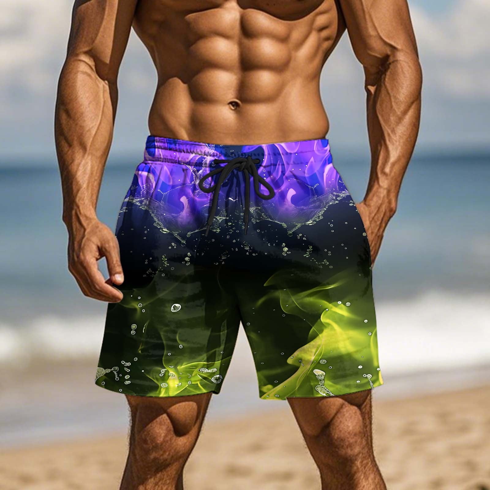 Nuoqisi Men's Positional Print Flame Pattern Fun Double Pocket Beach ...