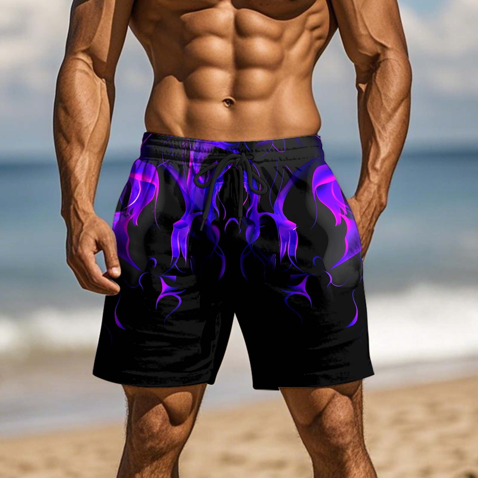 Nuoqisi Men's Positional Print Flame Pattern Fun Double Pocket Beach ...