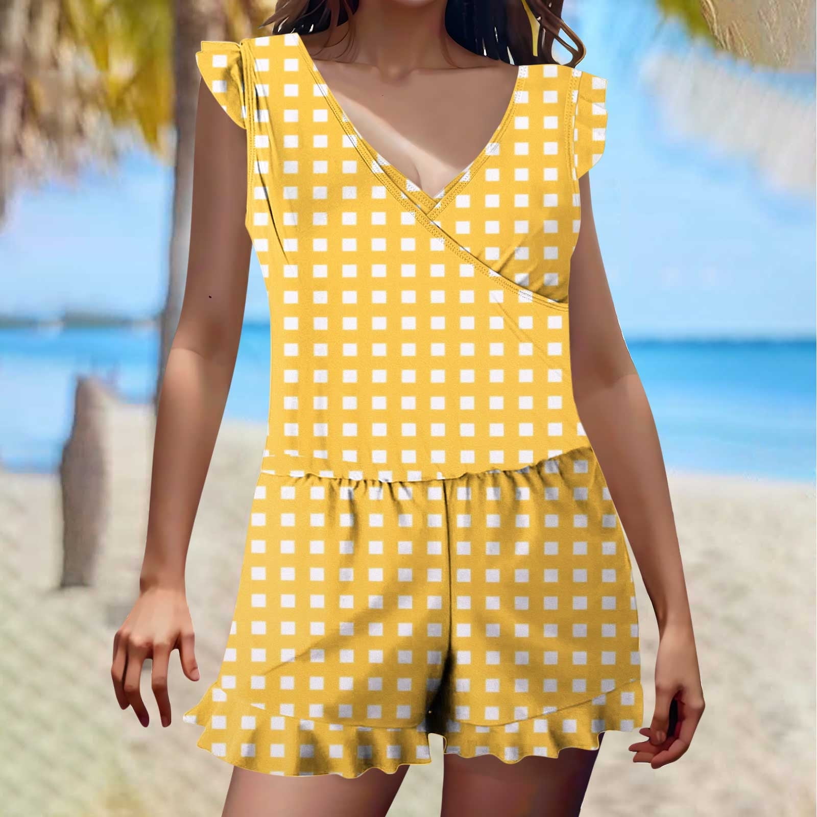 Nuoqisi One Piece Swimsuit for Women Square Swim Romper with Built in ...