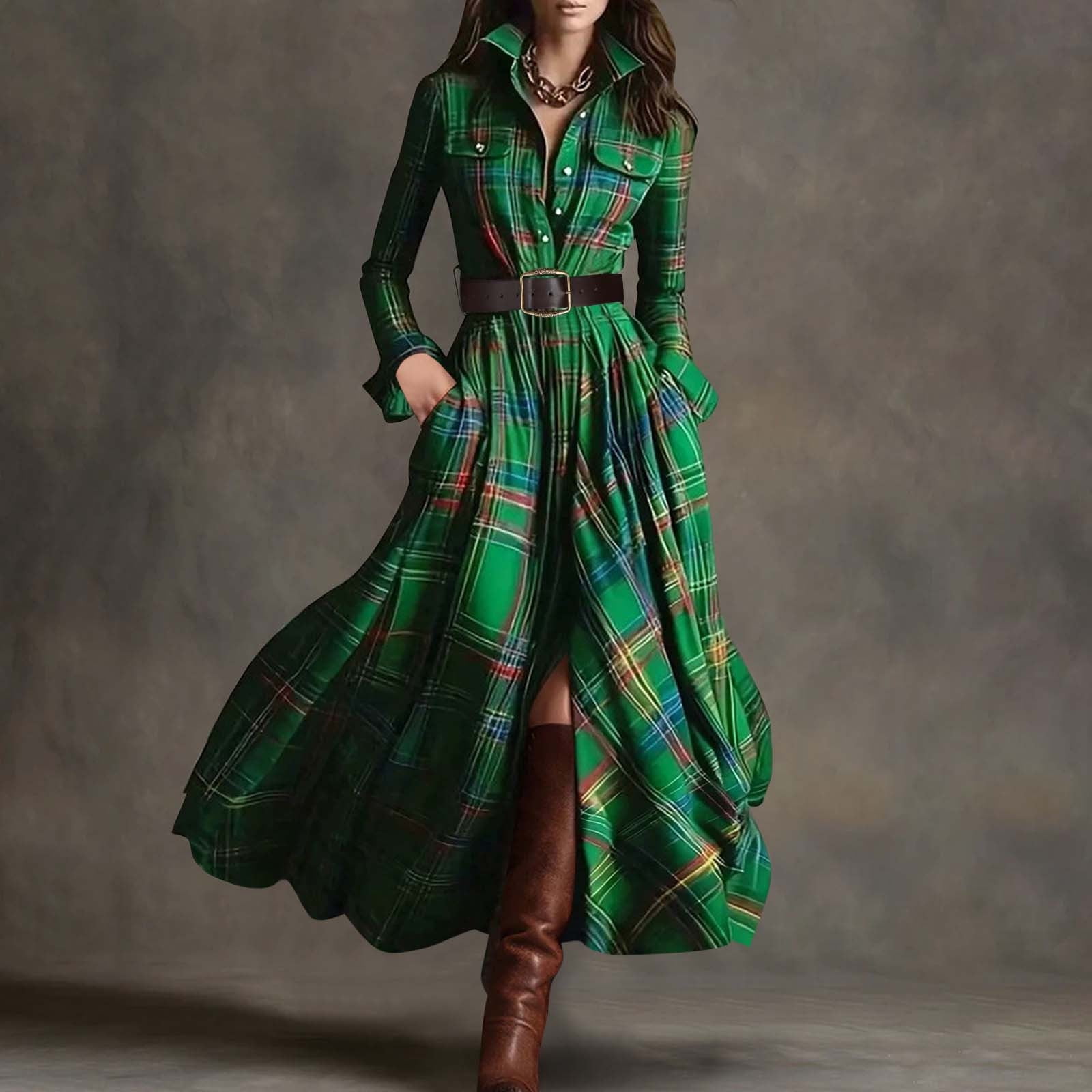 Nuoqisi Plaid Dresses for Women Vintage Western Lapel Maxi Spring ...