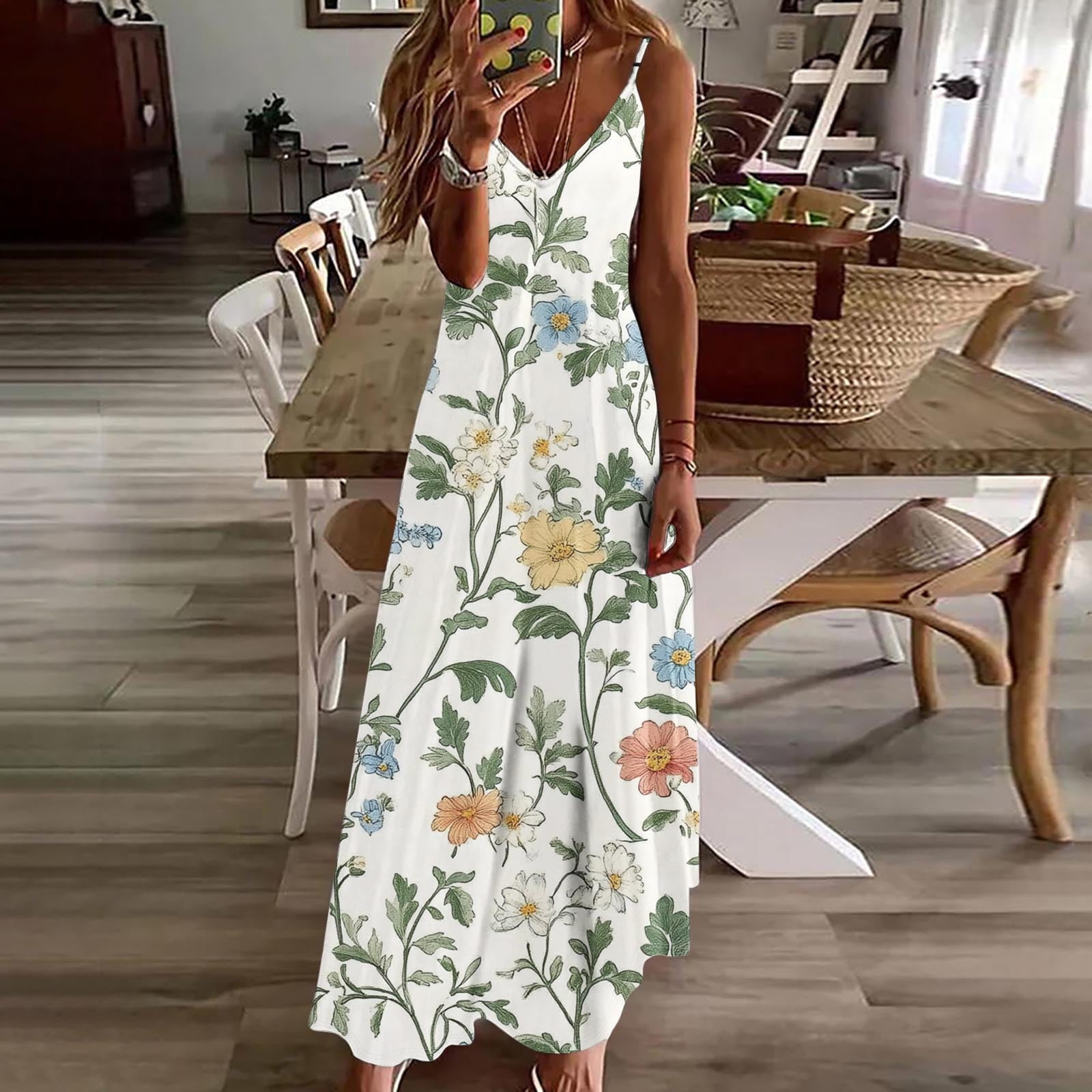 Nuoqisi Women's Floral Midi Corset Dresses Flowy Spaghetti Strap 2026 ...