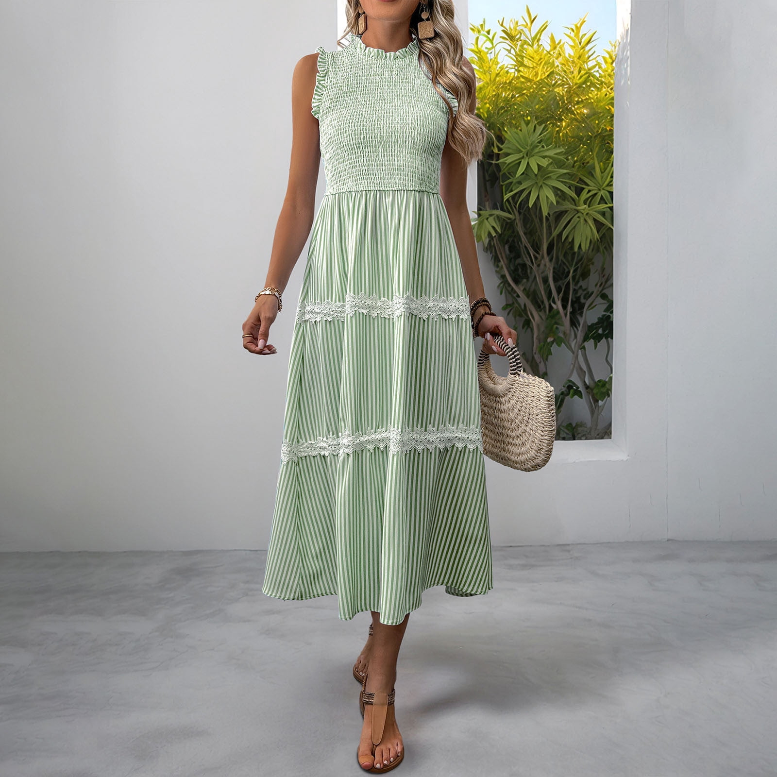 Nuoqisi Women's Stringy Selvedge Sleeveless Striped Smocking Tiered ...