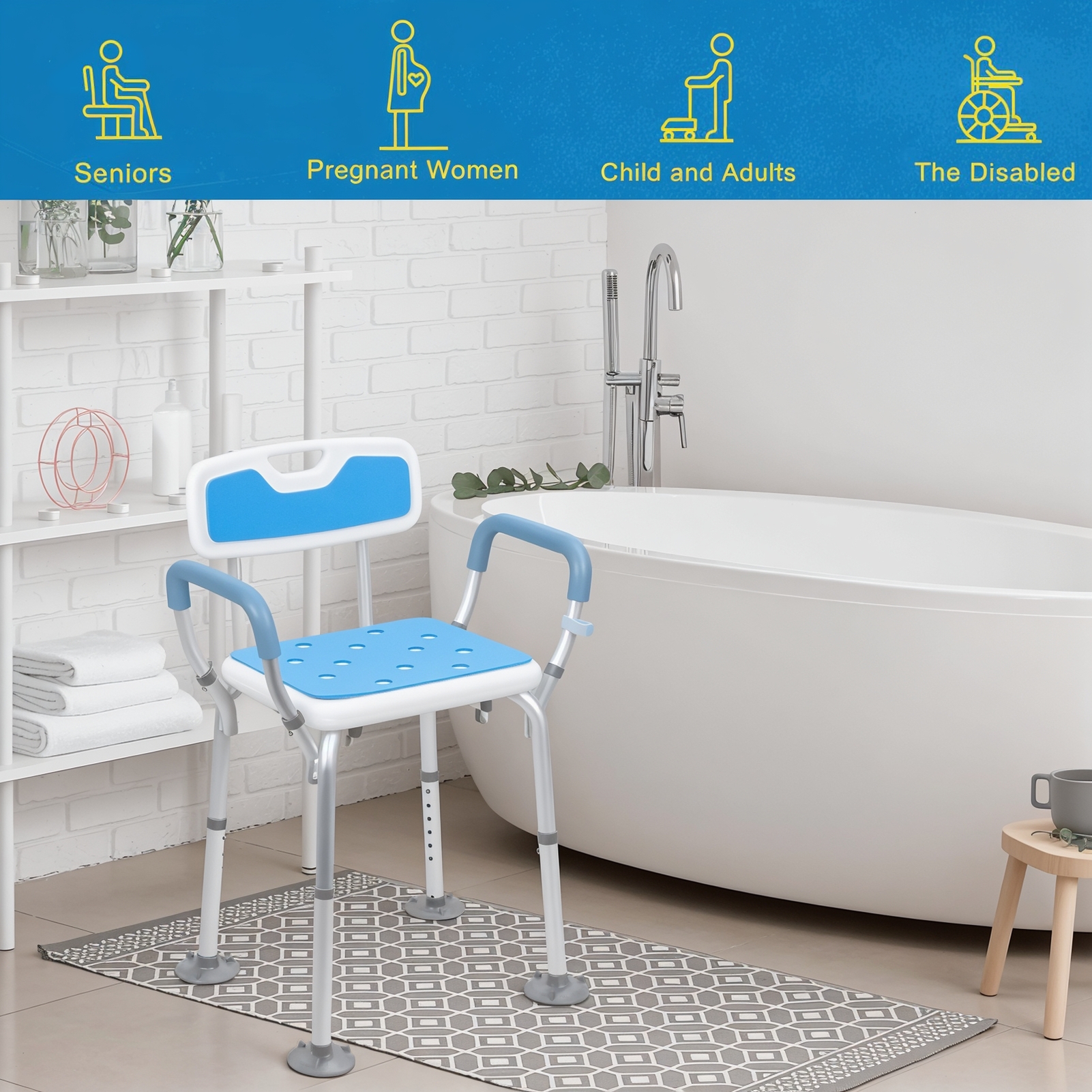 Nuoxin Shower Bath Chair with Back and Padded Armrests, Height ...