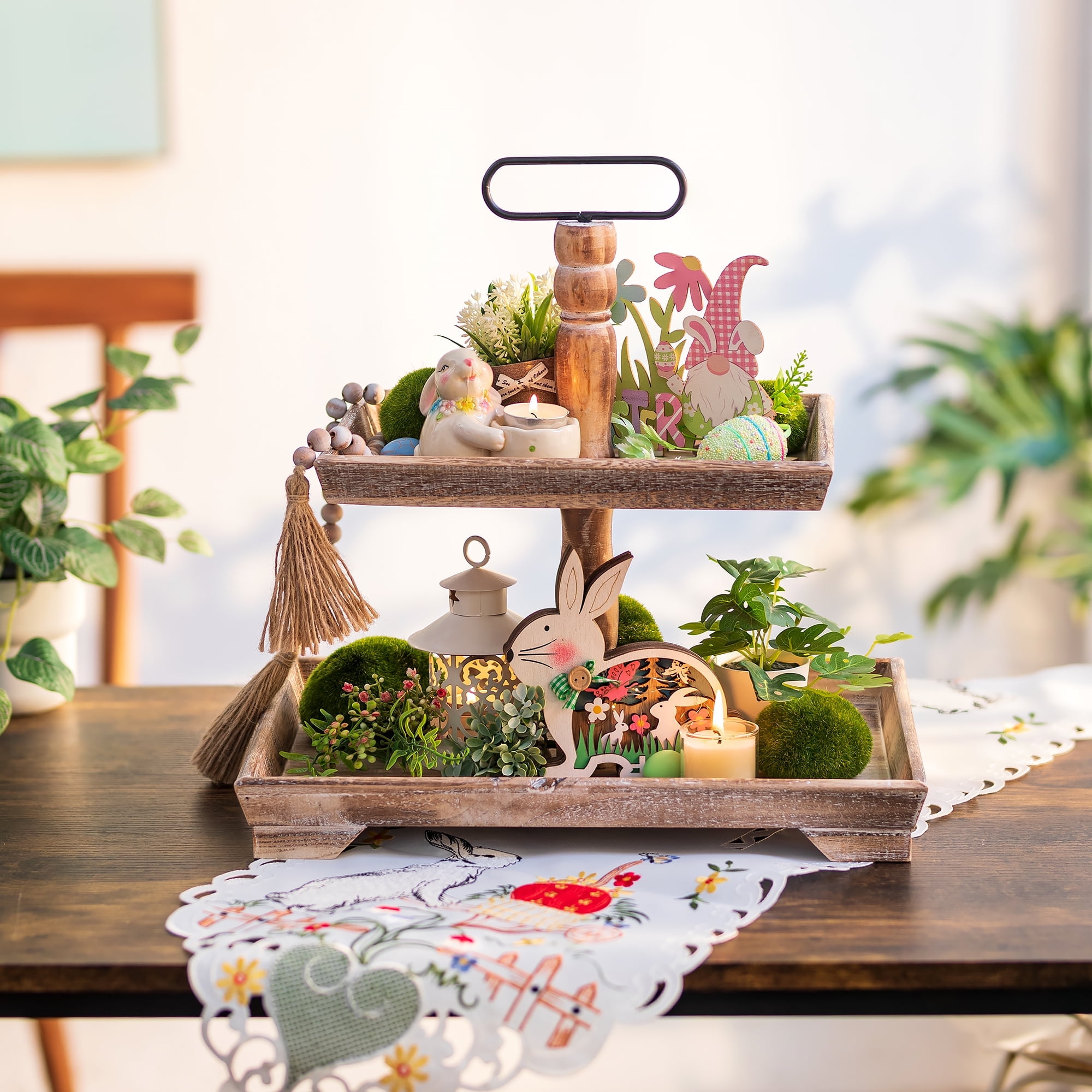 Nuptio Farmhouse Tiered Tray Stand: Rustic Wood 2 Tier Serving Tray for ...