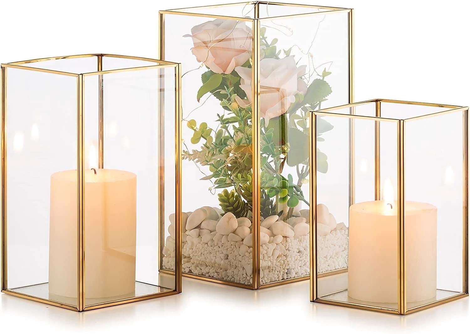 Nuptio, Glass Hurricane Candle Holder Lantern, Set of 3, Gold Square ...