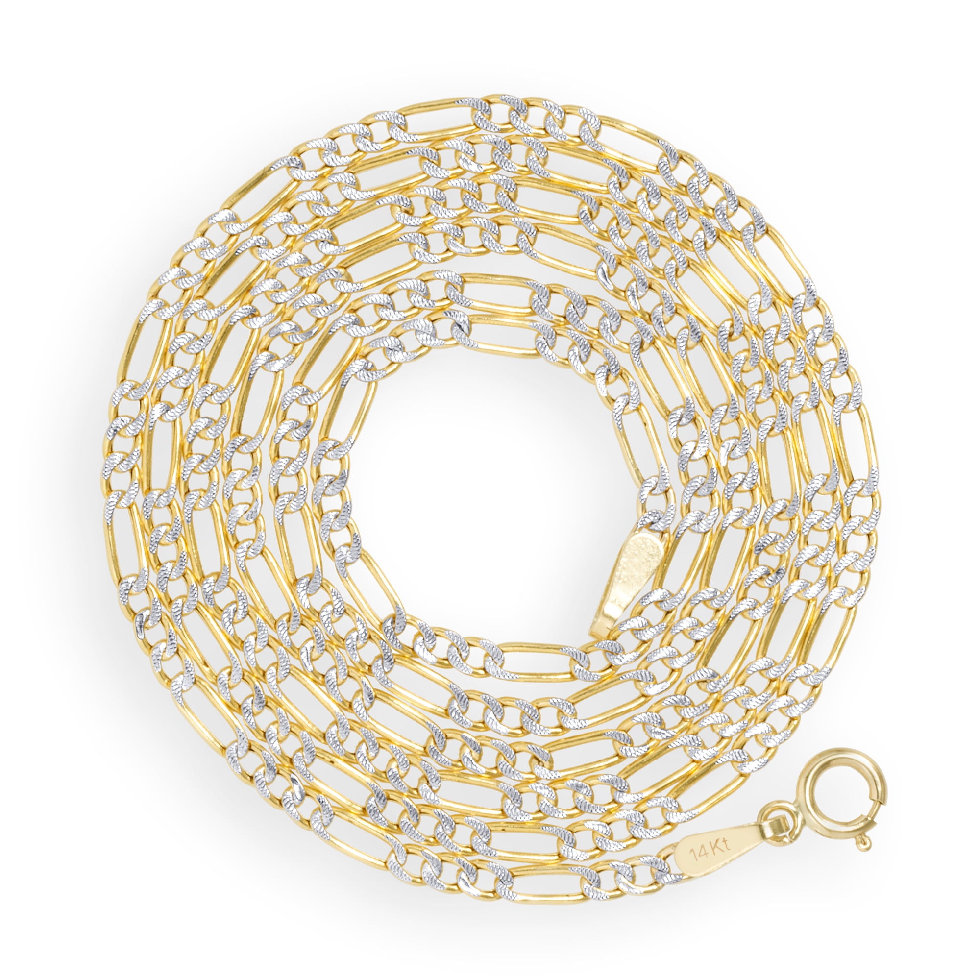 Nuragold 14k Real Yellow Gold Figaro Link 2mm Diamond Cut Pave Chain ...