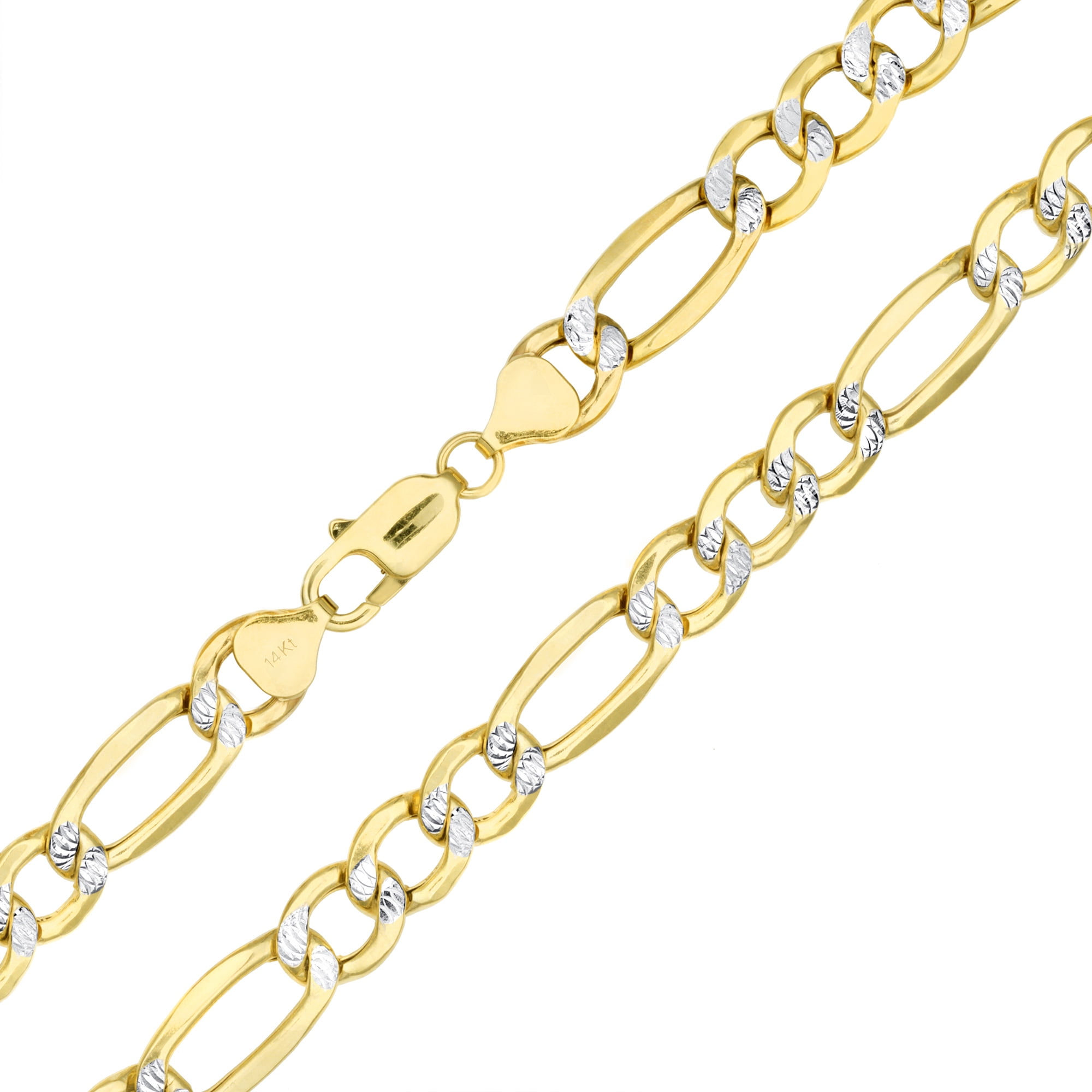 Nuragold 14k Real Yellow Gold Solid Figaro Link 7.5mm Diamond Cut Pave ...