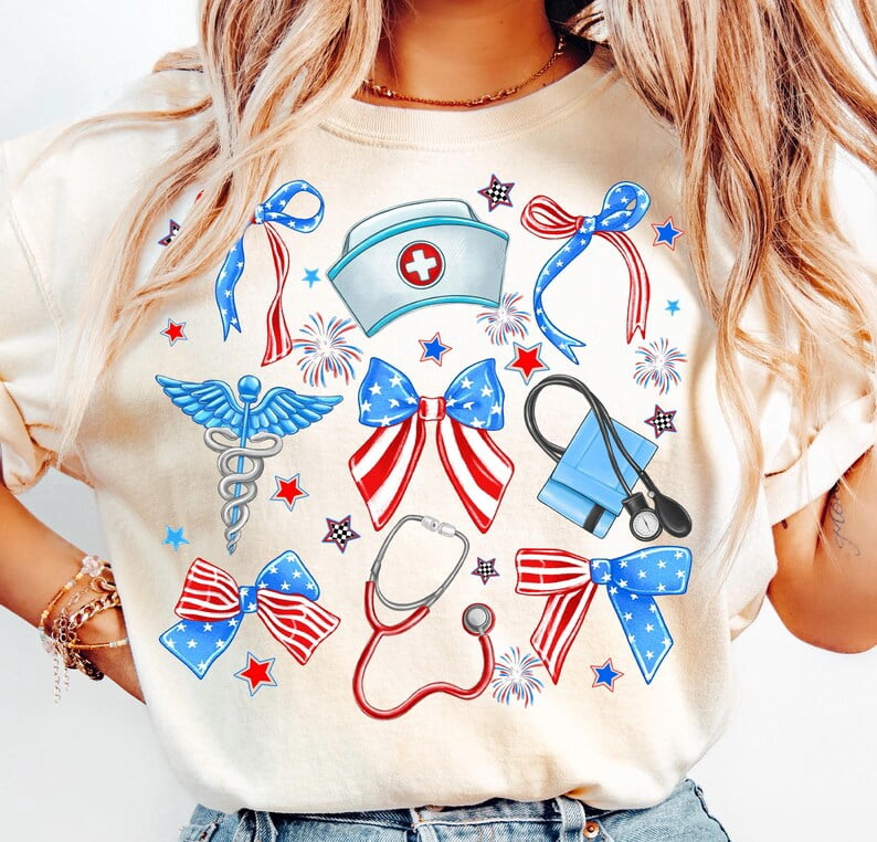 Nurse 4th of July T-Shirt– Patriotic Healthcare Tee with Coquette Bow ...