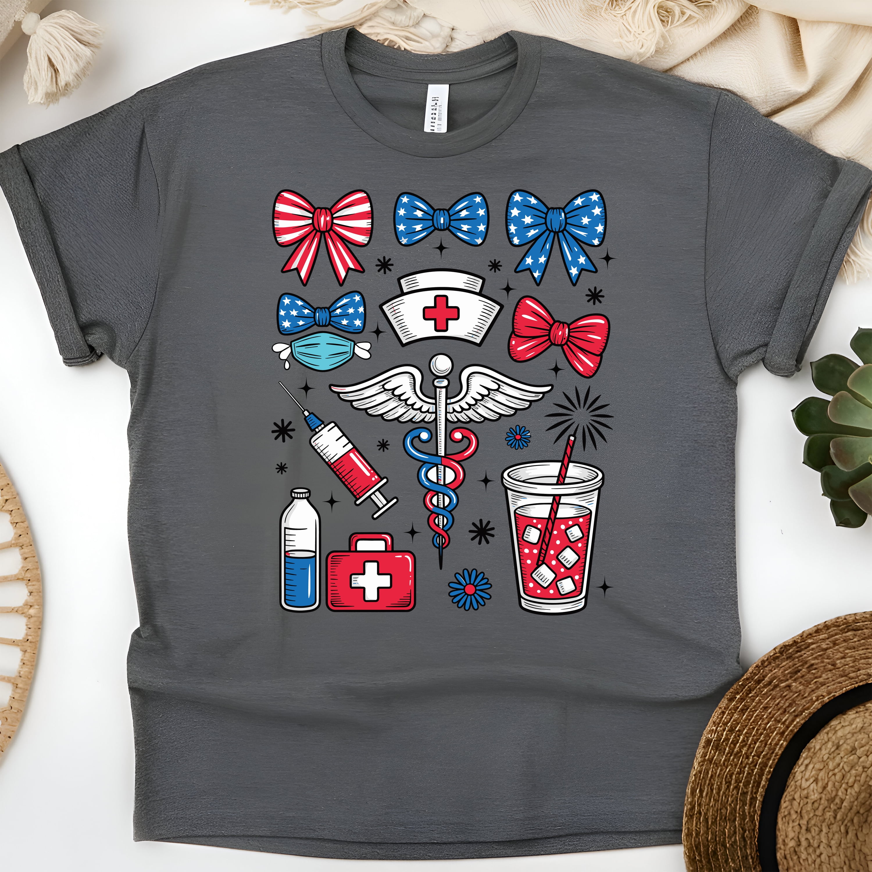 Nurse 4th of July T-Shirt for Women, Red White Blue Medical Theme Tee, Dark Heather, Size XL ...