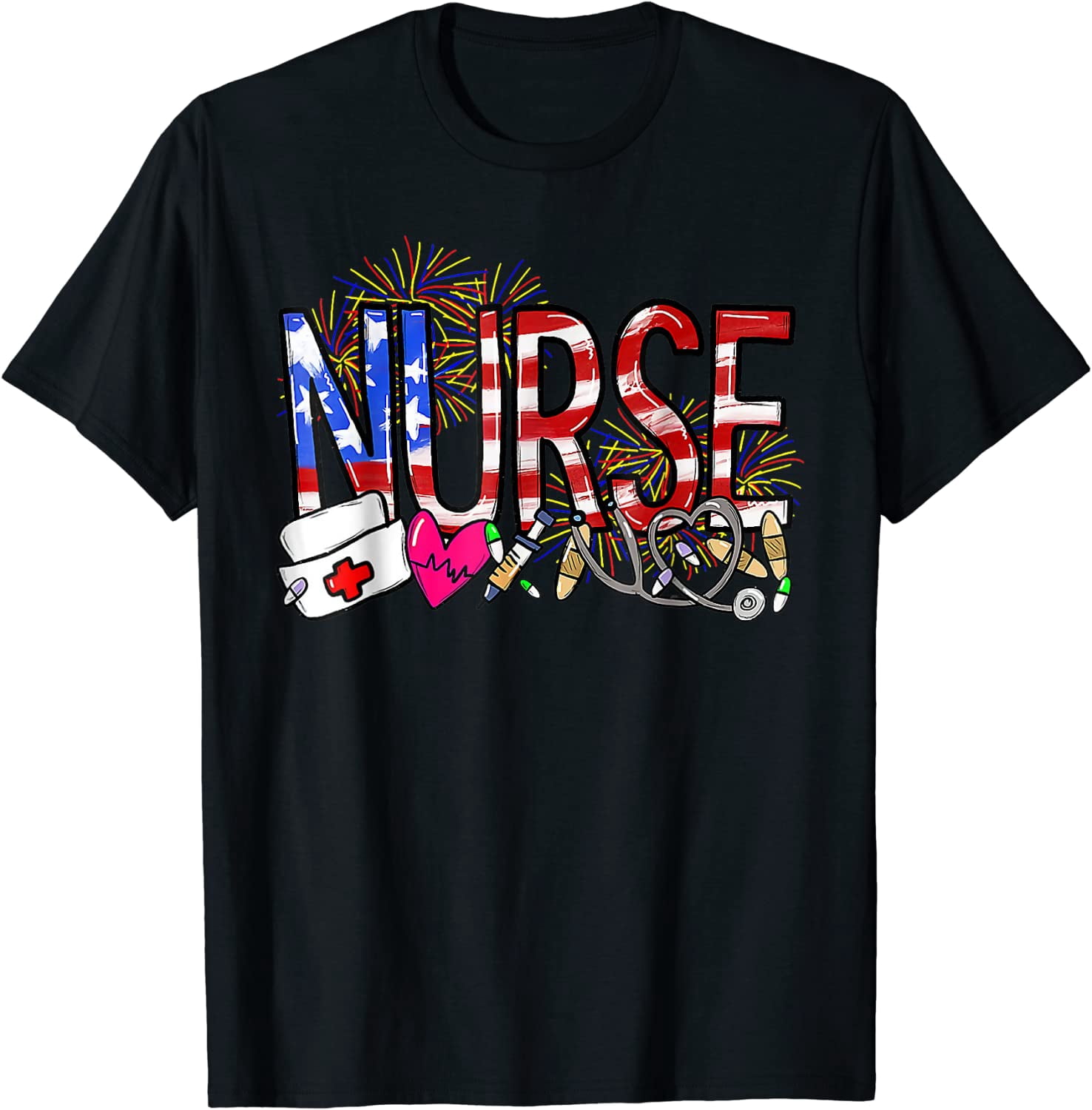 Nurse American Flag Stethoscope Pride 4th Of July Fireworks T-Shirt ...