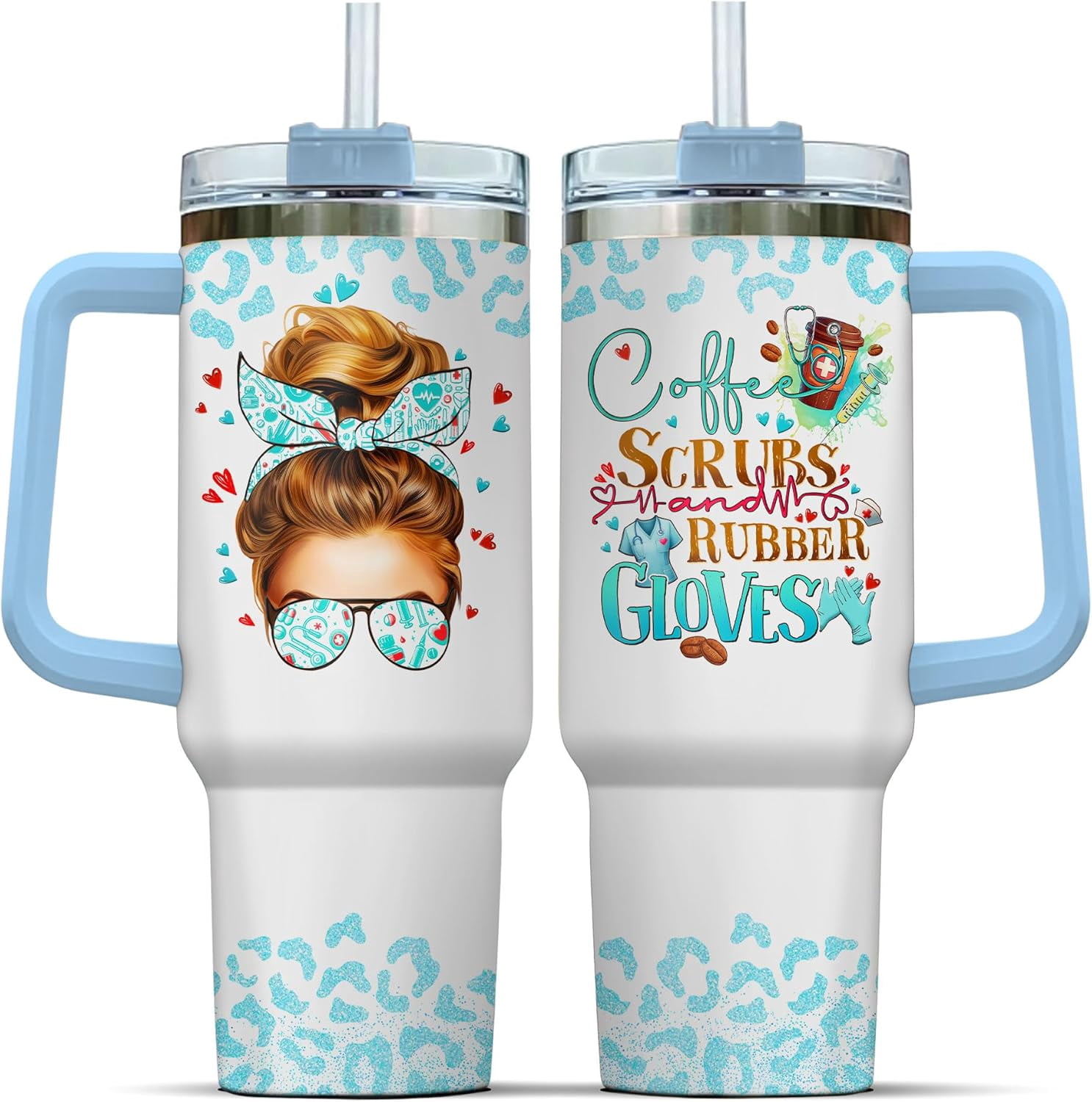 Nurse Coffee Messy Bun, Tumbler 40 Oz With Handle Lid And Straw ...
