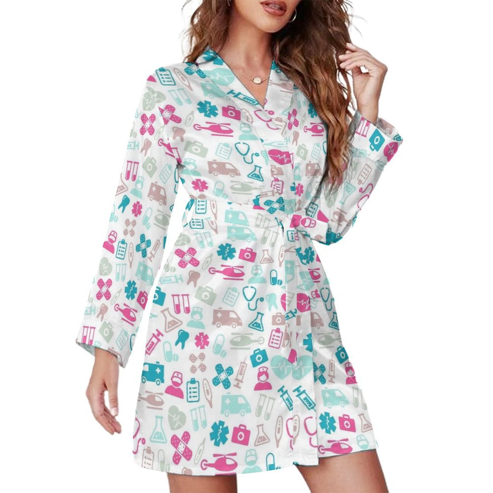 Nurse Doctor Icon Night Robe Long Sleeve V Neck Robe With Belt Women's ...