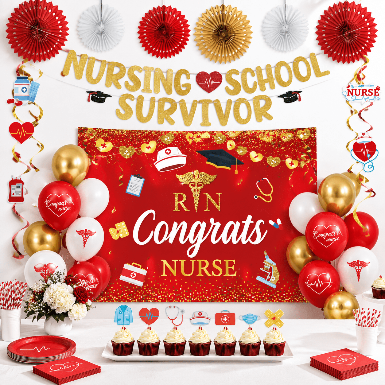 Nurse Graduation Party Decoration Kit with Backdrop, Banner, Balloons ...