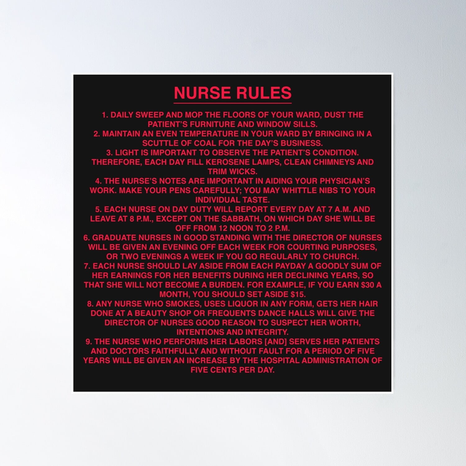 Nurse Hospital Rules (1887 Nursing Job Description) Poster Wall Art ...