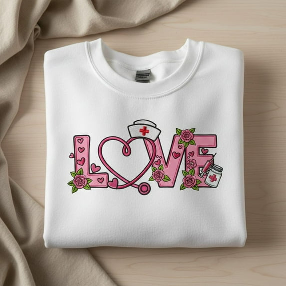 Nurse LOVE Embroidered Sweatshirt Valentines Gift for Nurse RN CNA Cute ...