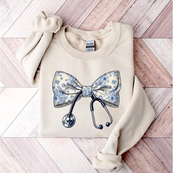 Nurse Toile Bow Sweatshirt, Stethoscope Bow Shirt, Nurse Coquette Shirt ...