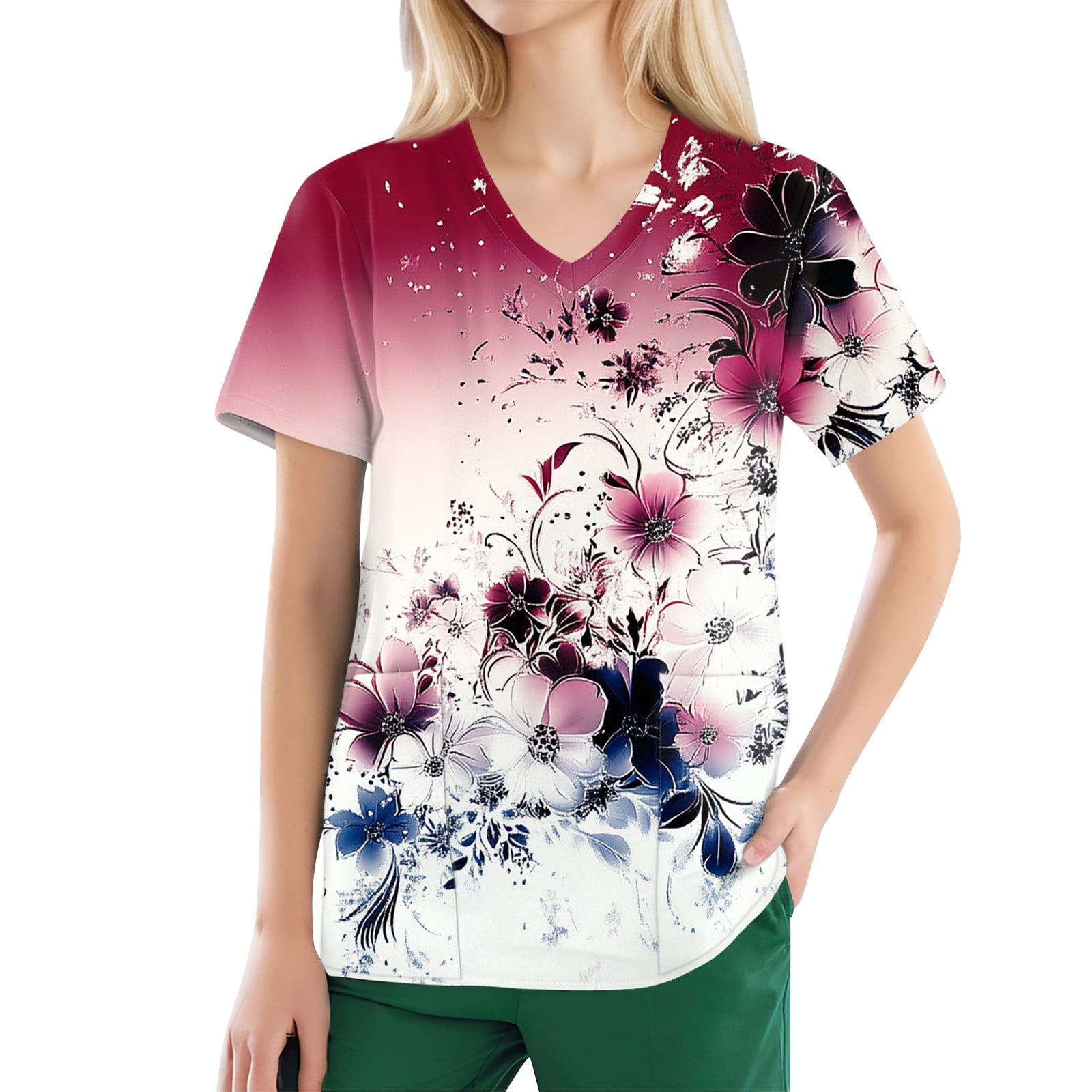 Nurse Uniforms Women,Floral Print V-Neck Scrubs - Antimicrobial Fabric ...