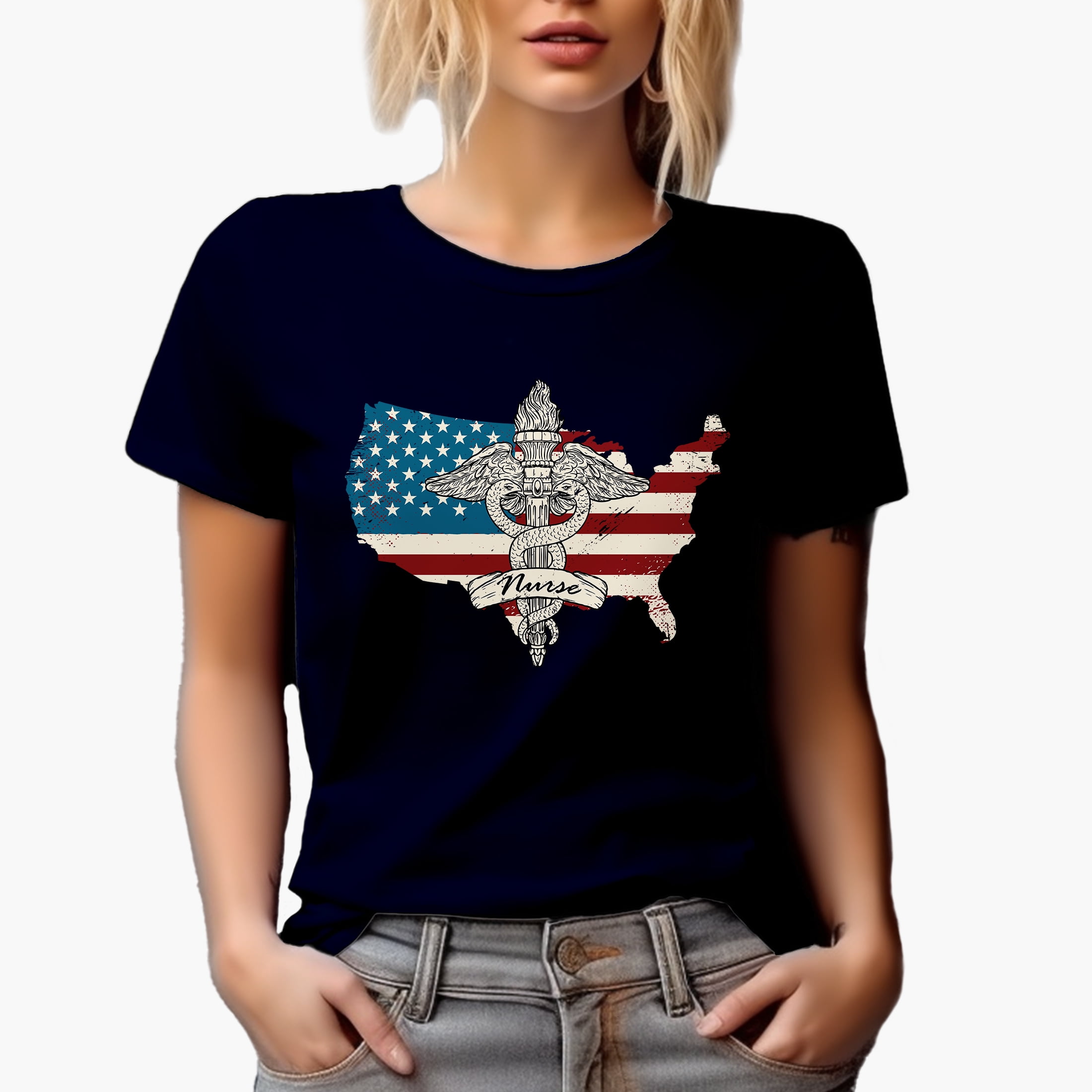 Nurse with Medical Symbol & USA Flag, American Nurses Week, Navy Blue T ...