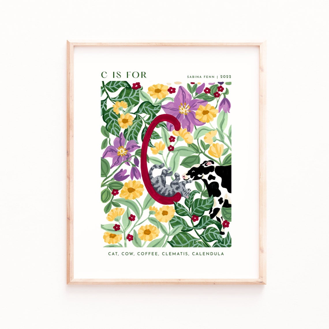 Nursery Alphabet Art Print, Letter C Floral Animals Poster Art Print ...